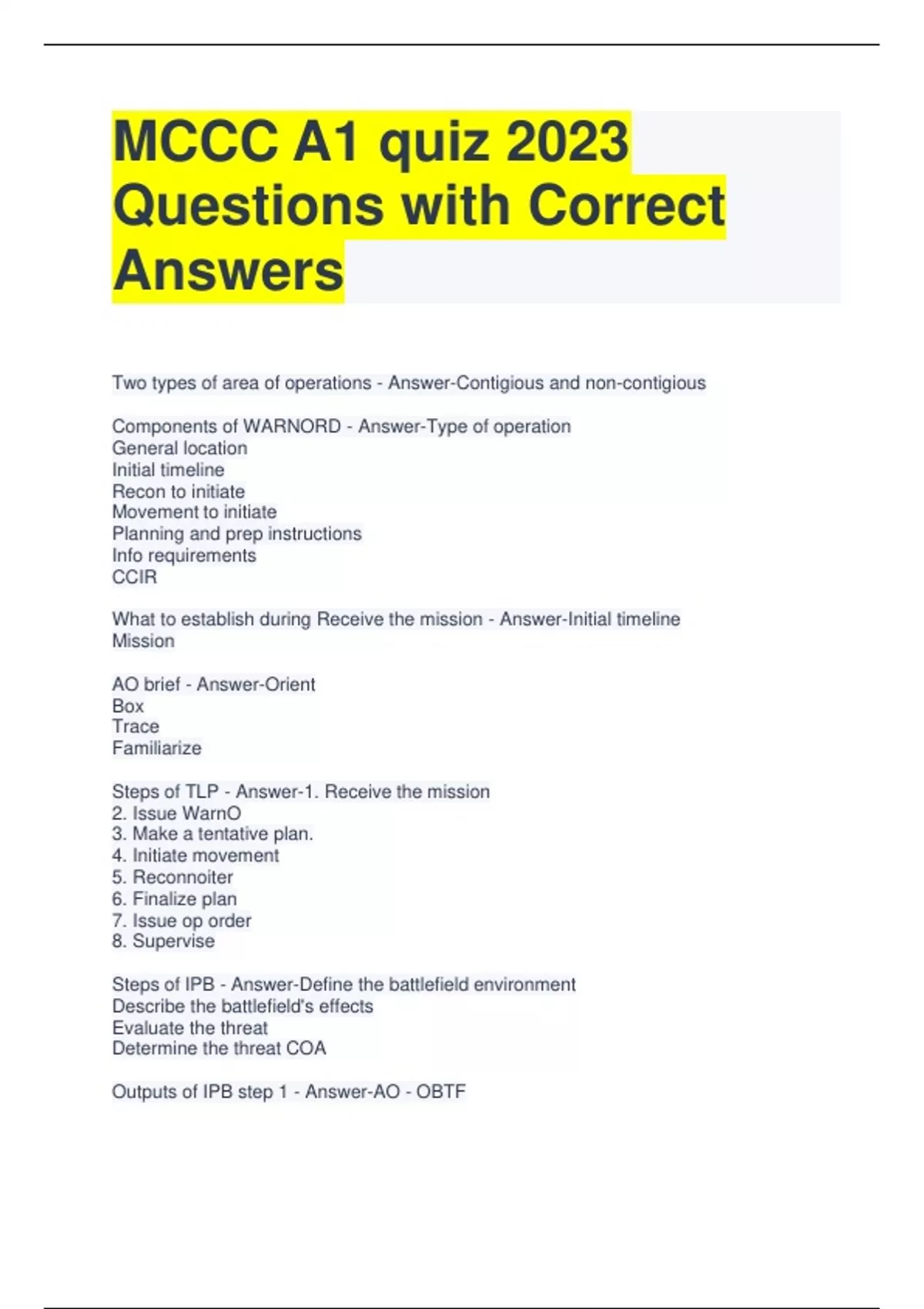 MCCC A1 quiz 2023 Questions with Correct Answers - MCCC - Stuvia US