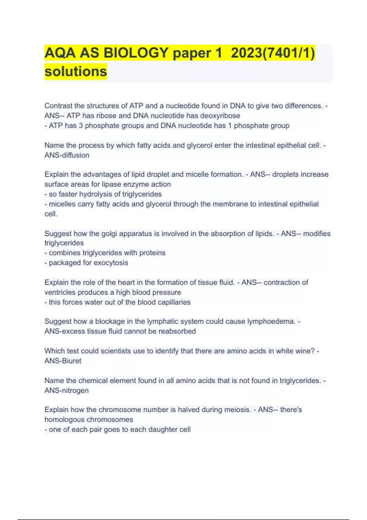 AQA AS BIOLOGY paper 1 2023(7401/1) solutions - UNTILED DC - Stuvia US