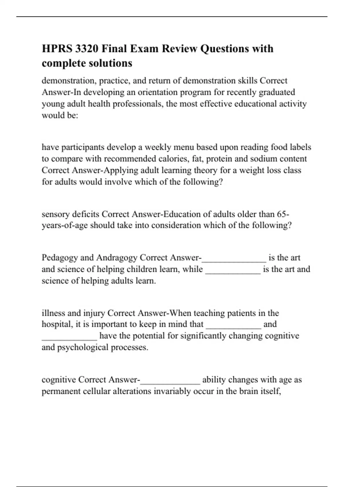 HPRS 3320 Final Exam Review Questions with complete solutions - HPRS ...