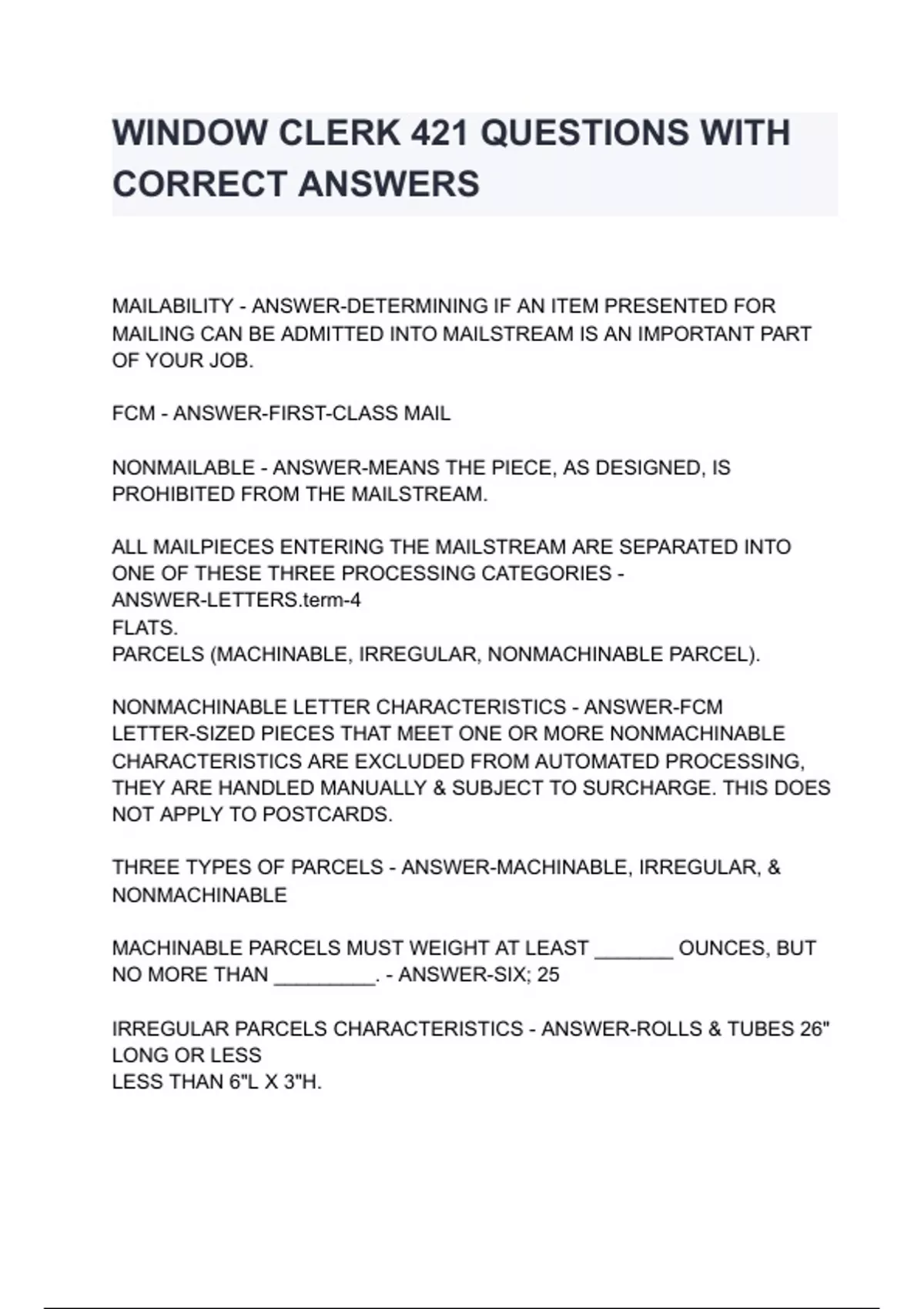 WINDOW CLERK 421 QUESTIONS WITH CORRECT ANSWERS - USPS Window Clerk ...