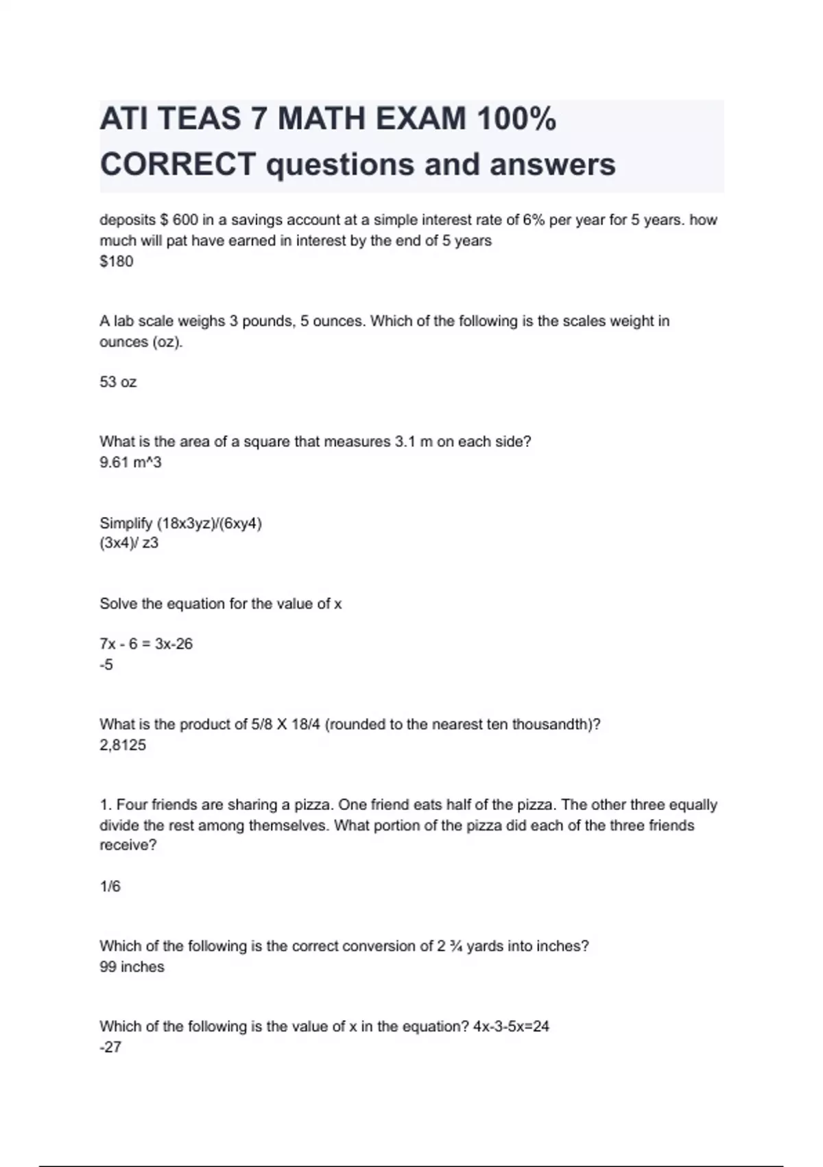 ATI TEAS 7 MATH EXAM 100% CORRECT questions and answers - ATI TEAS 7 ...