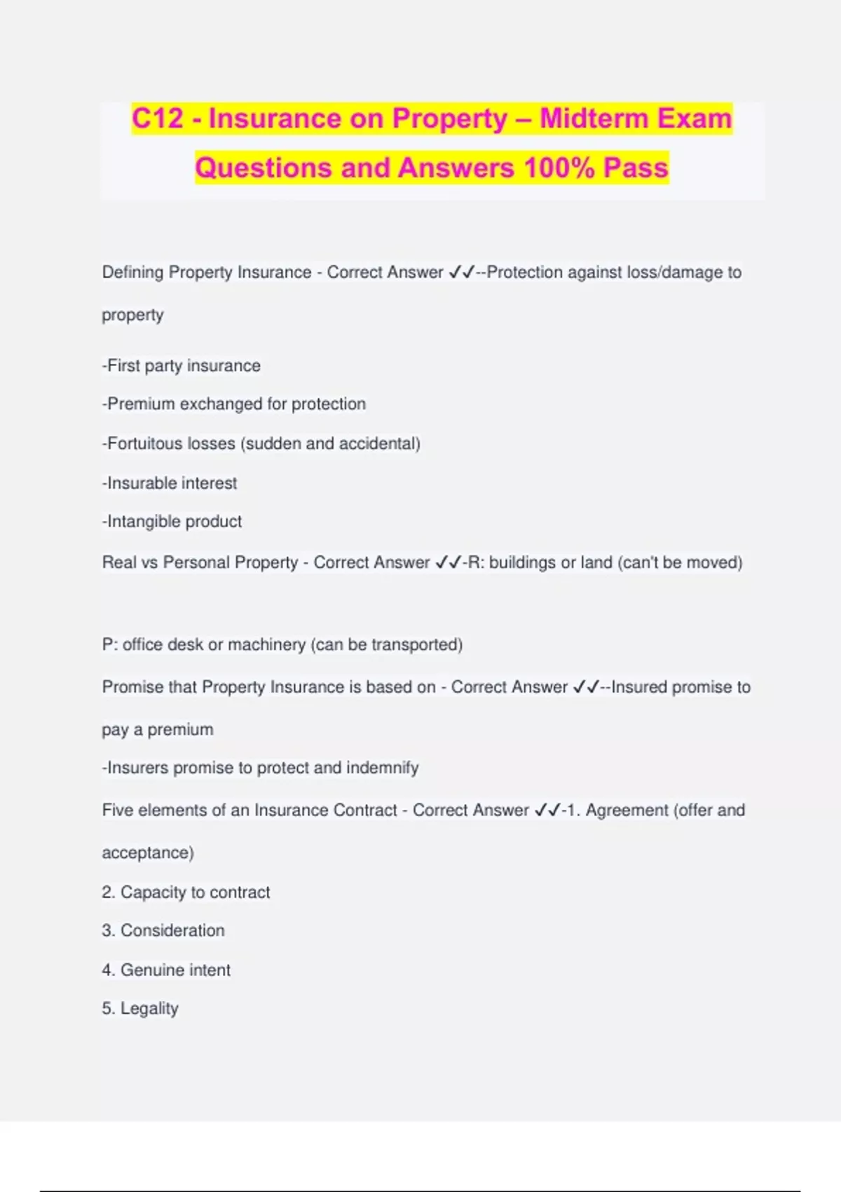 C12 - Insurance on Property – Midterm Exam Questions and Answers 100% Pass - C12 - Insurance on ...
