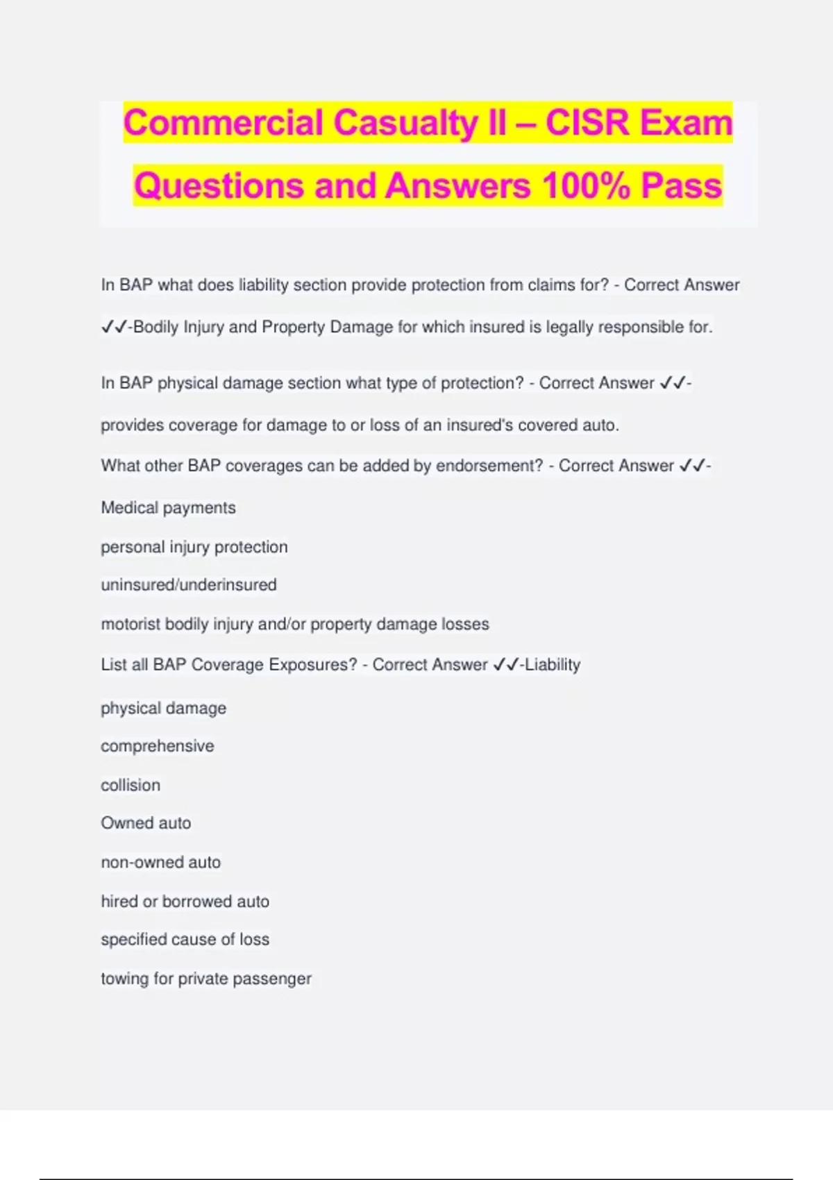 Commercial Casualty II – CISR Exam Questions and Answers 100% Pass ...