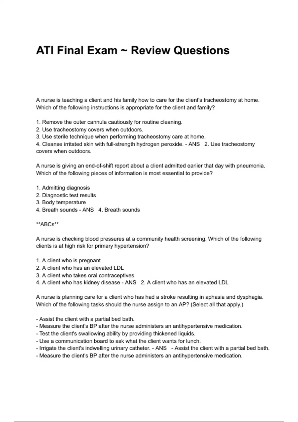 ATI Final Exam ~ Review Questions - , ATI MENTAL HEALTH - Stuvia UK