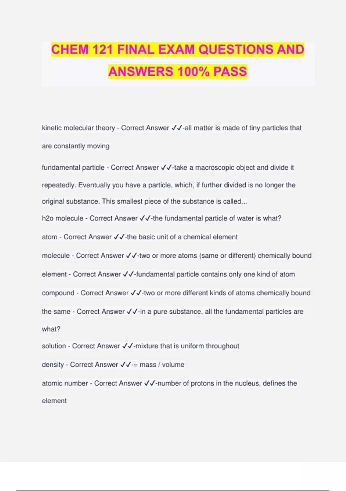 CHEM 121 FINAL EXAM QUESTIONS AND ANSWERS 100% PASS - CHEM 121 - Stuvia US