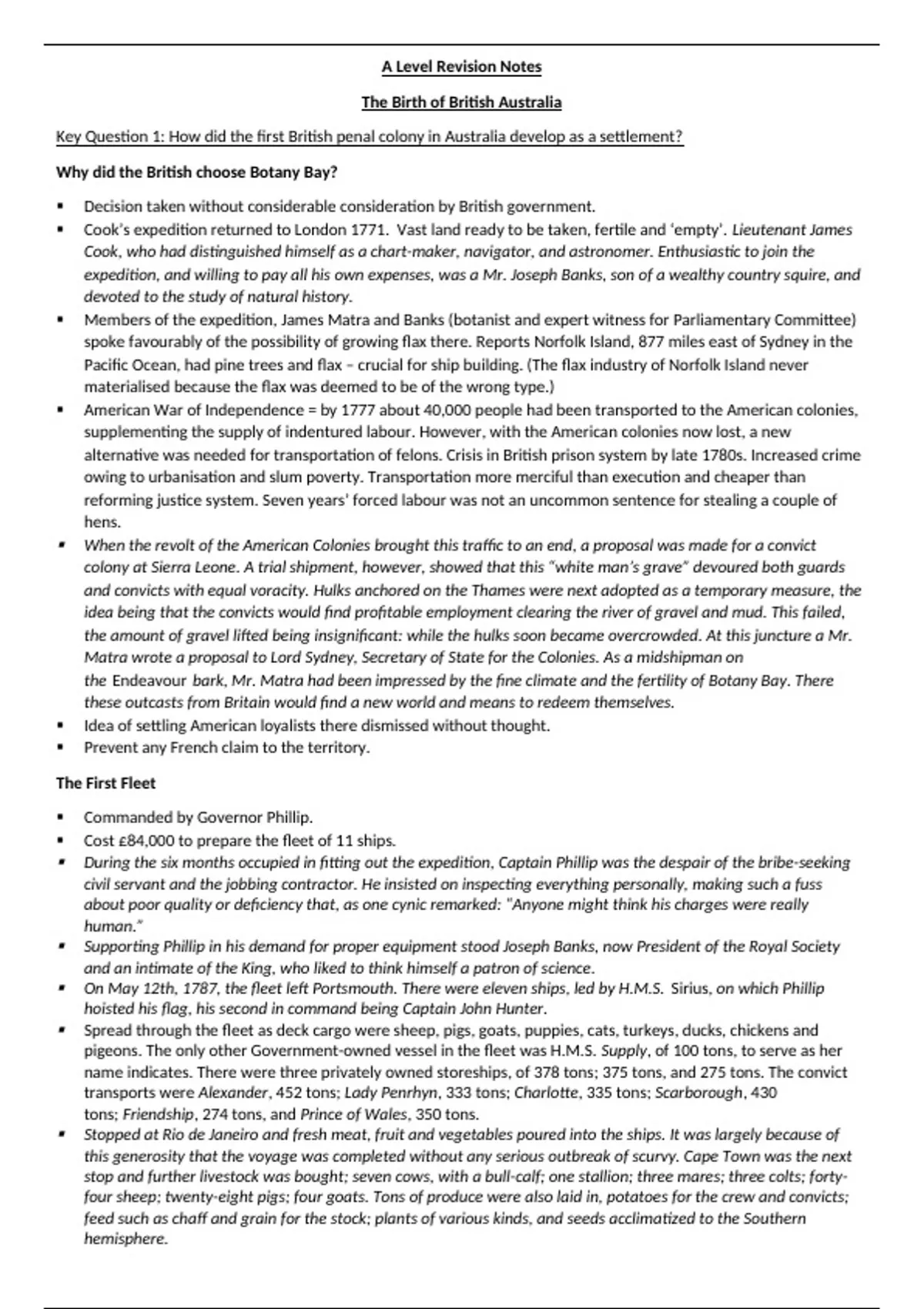 Summary The birth of British Australia, revision notes - Unit 35.1 ...