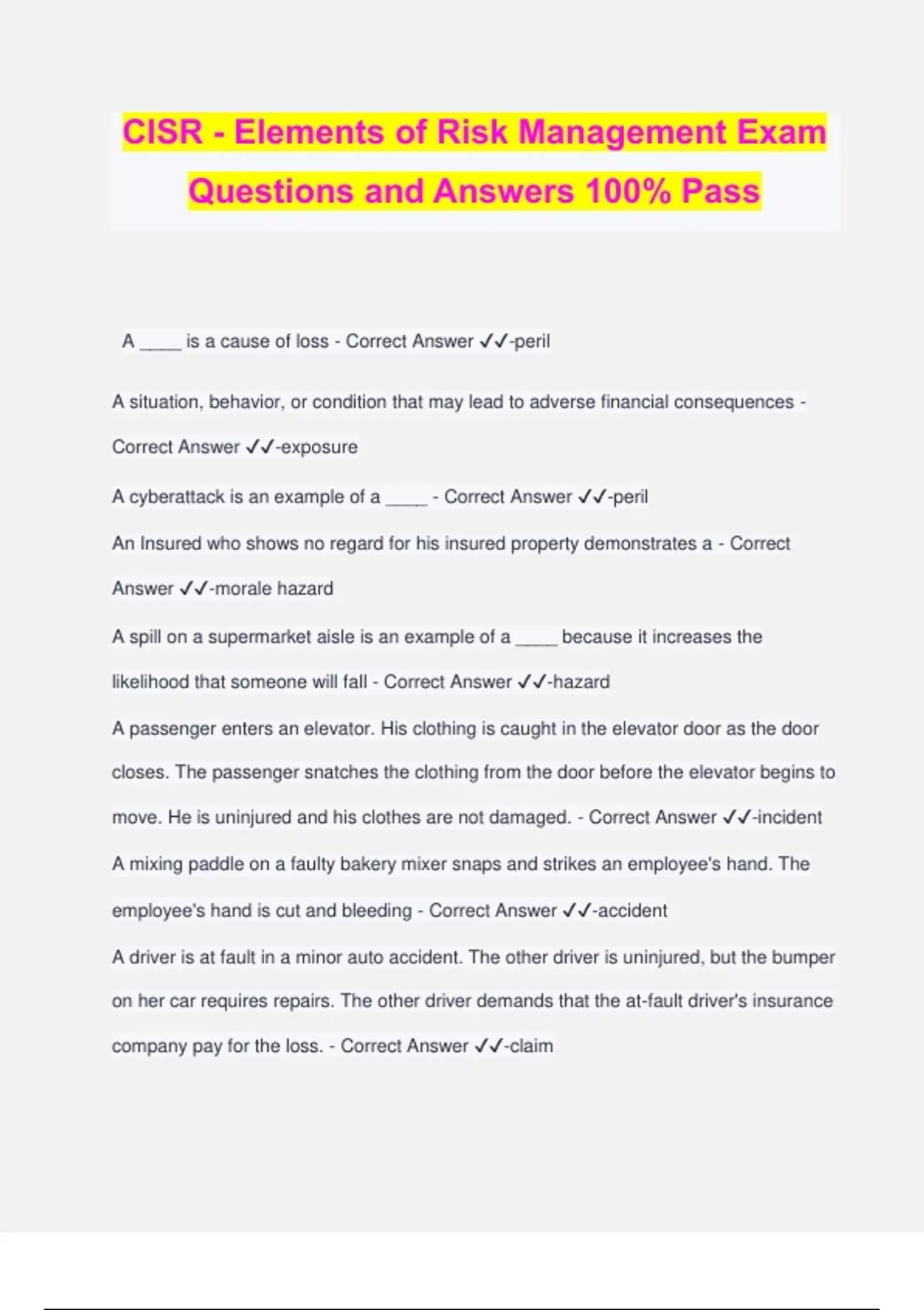 CISR - Elements of Risk Management Exam Questions and Answers 100% Pass ...