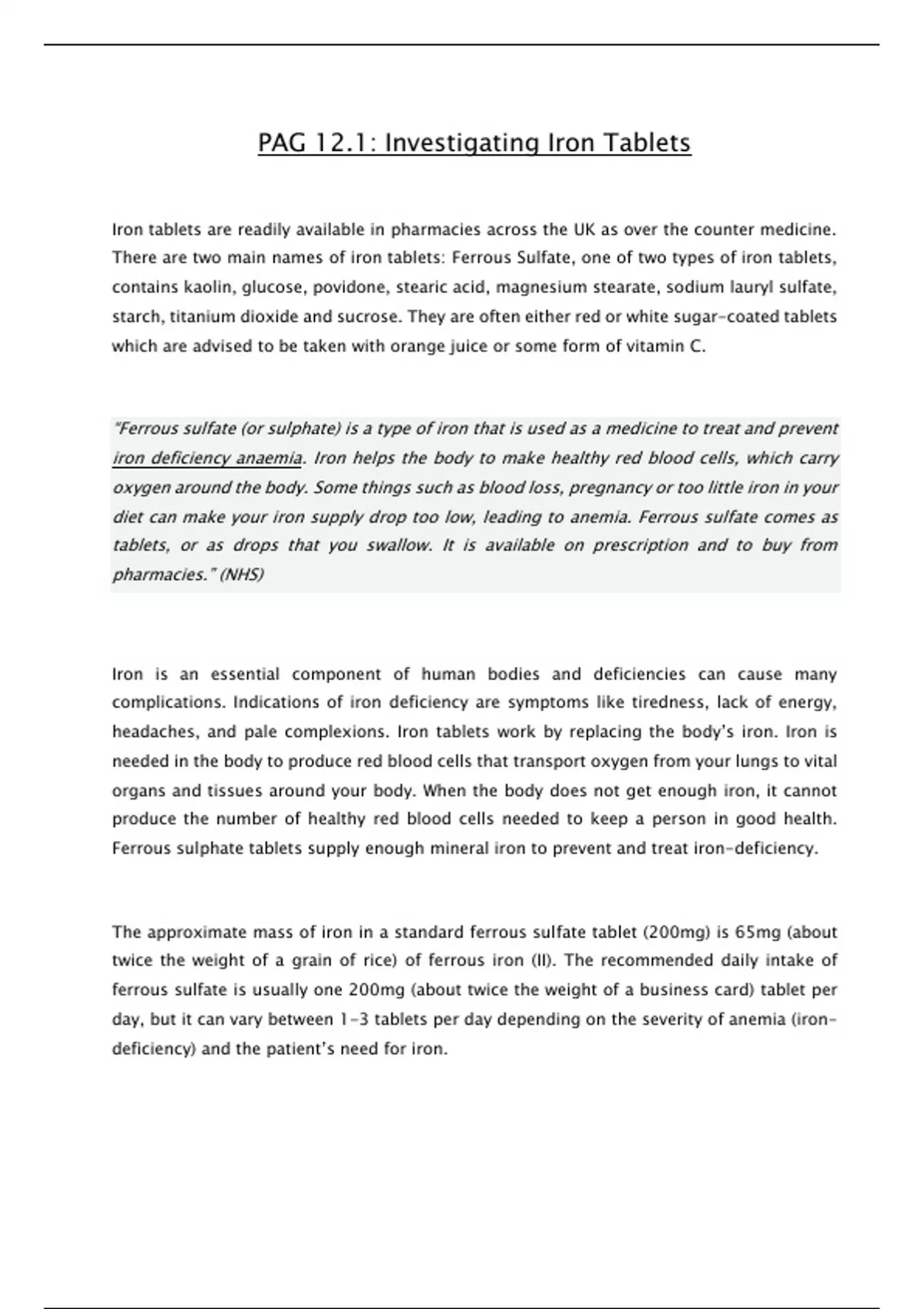 PAG 12.1: investigating iron tablets - PAG 12.1 - Stuvia UK