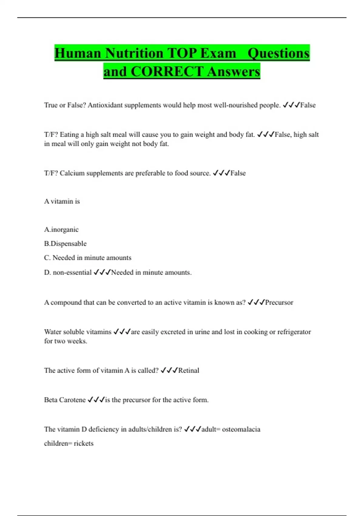 Human Nutrition TOP Exam Questions and CORRECT Answers - Human ...