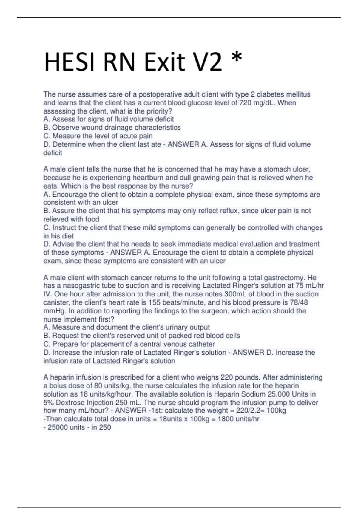 HESI RN Exit V2 * EXAM QUESTIONS AND ANSWERS - HESI RN Exit - Stuvia US