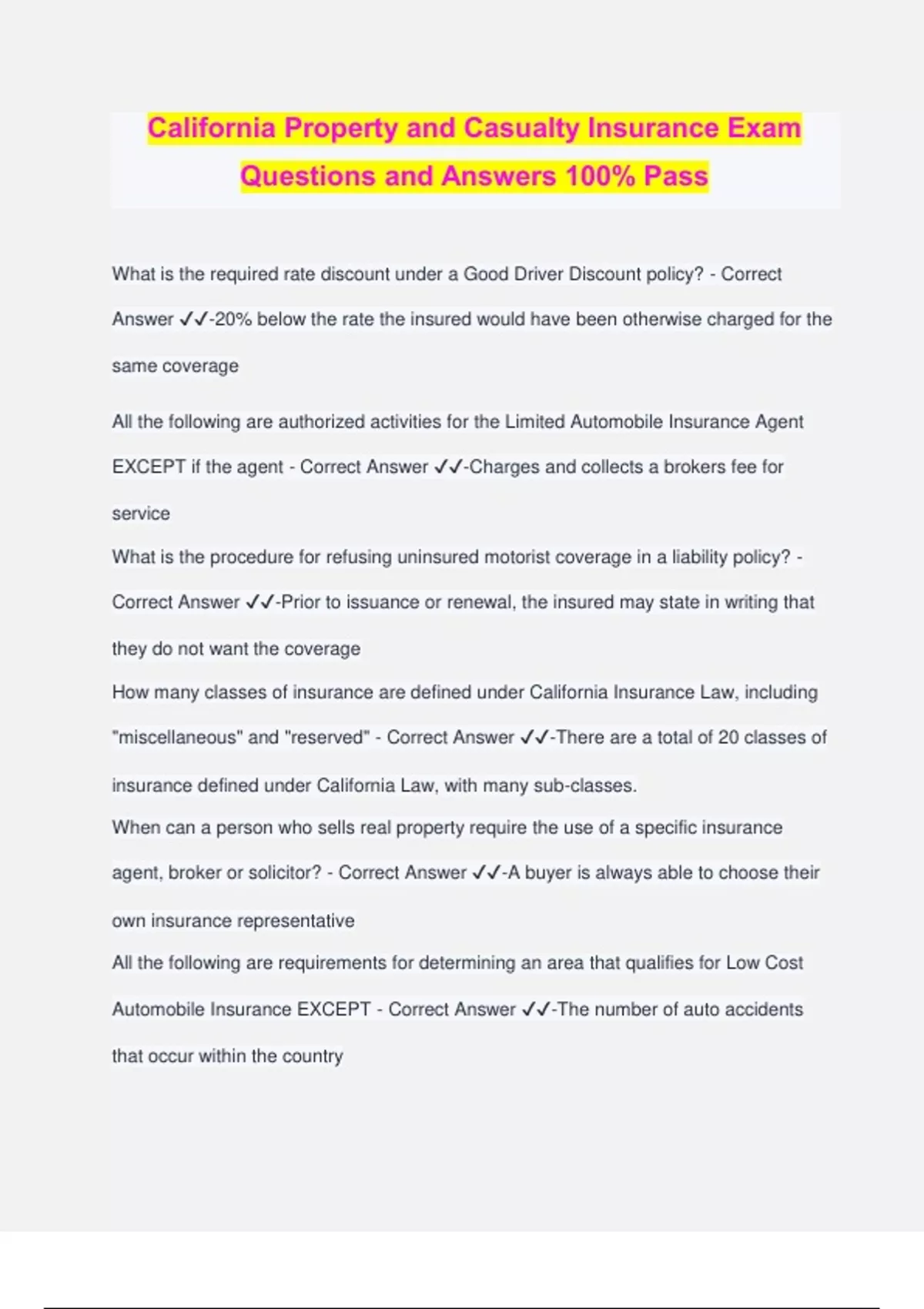 California Property and Casualty Insurance Exam Questions and Answers ...