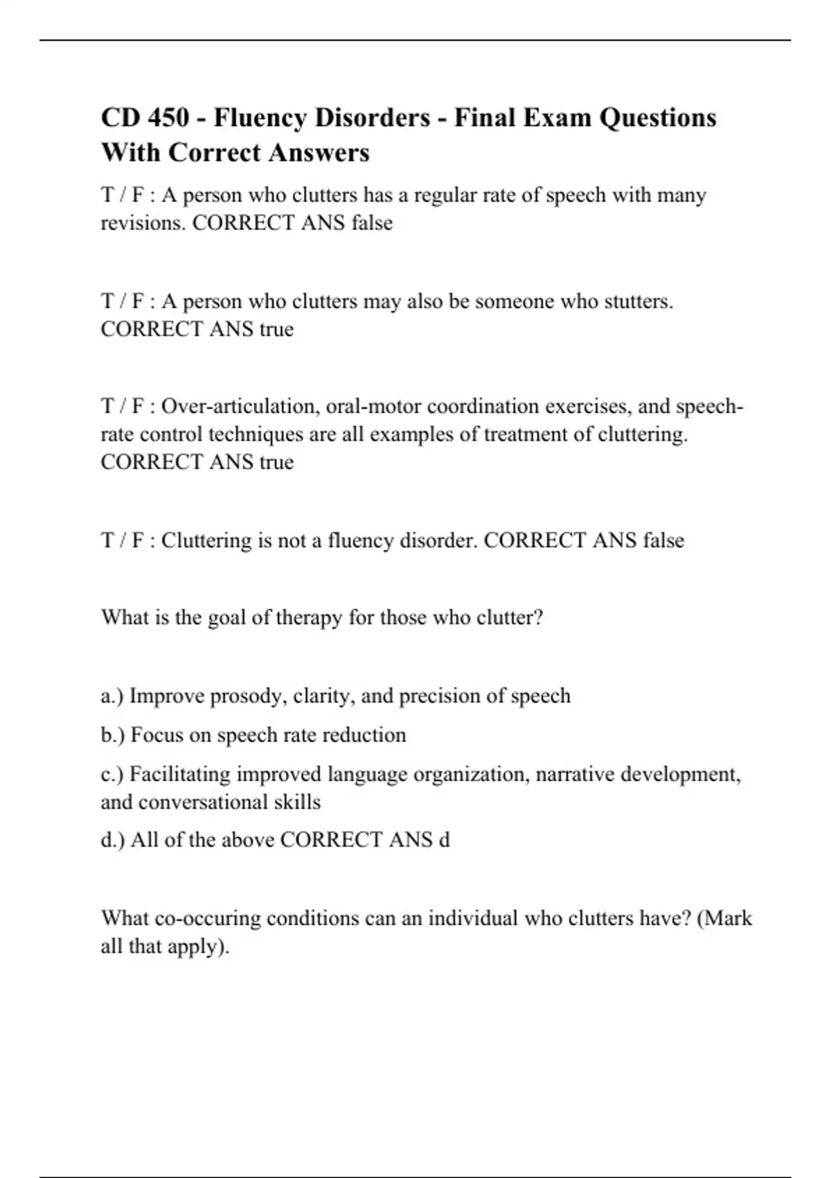 CD 450 - Fluency Disorders - Final Exam Questions With Correct Answers ...