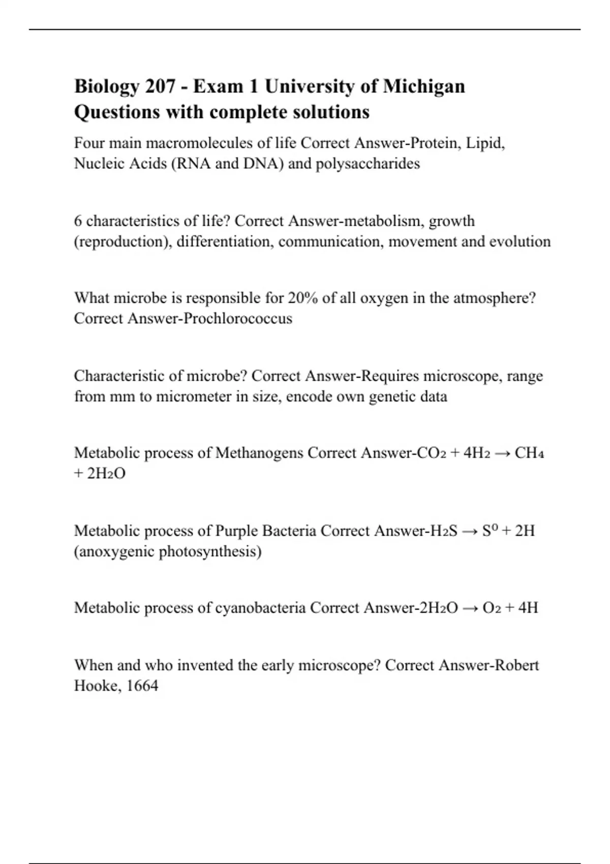 Biology 207 - Exam 1 University of Michigan Questions with complete ...