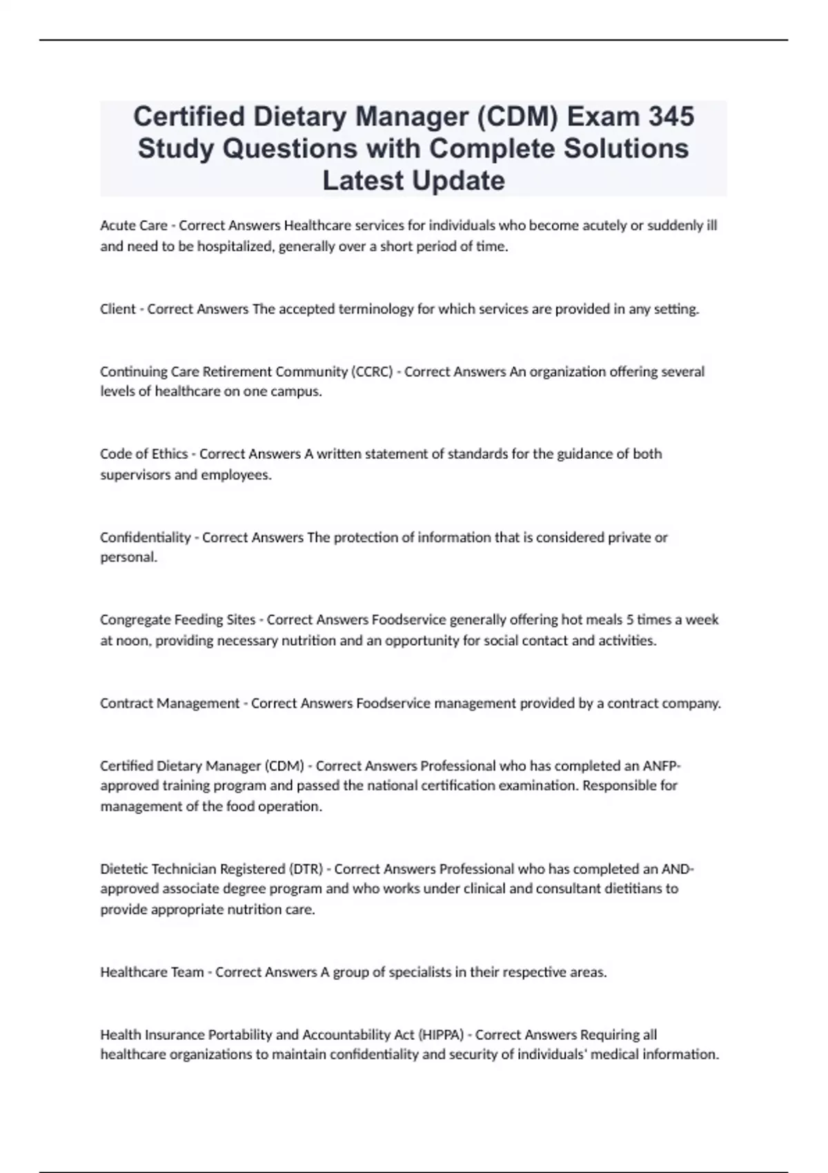 Certified Dietary Manager (CDM) Exam 345 Study Questions with Complete ...