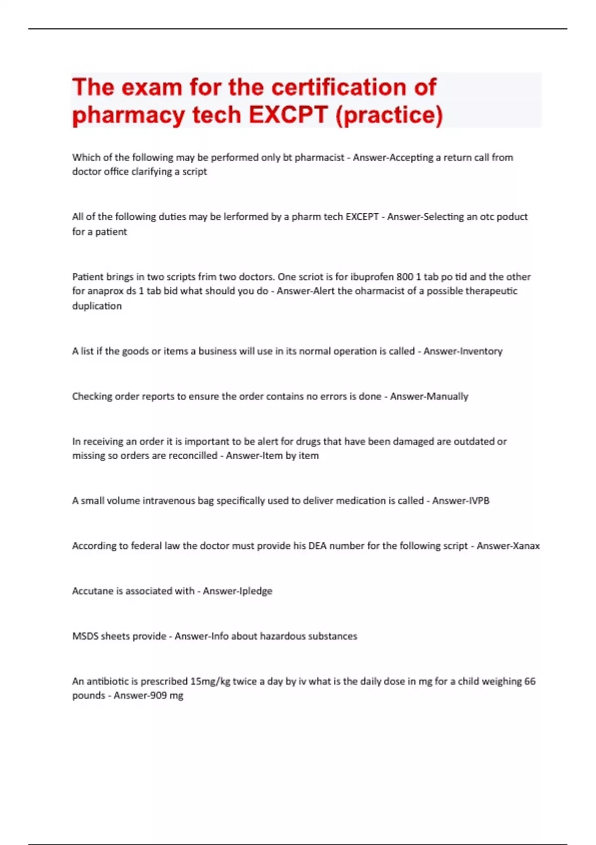 The exam for the certification of pharmacy tech EXCPT (practice ...