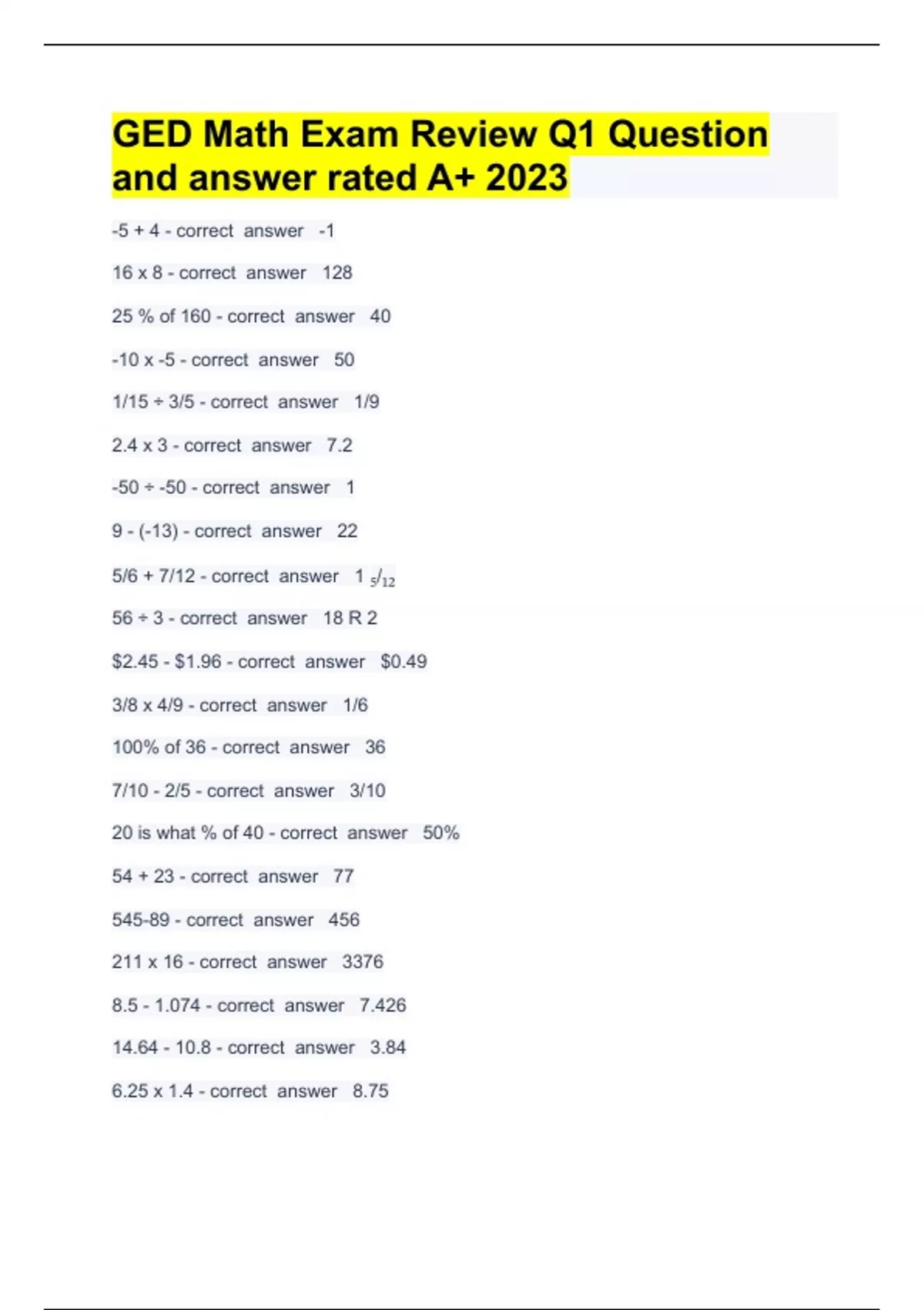 GED Math Exam Review Q1 Question and answer rated A+ 2024 - GED - Stuvia US
