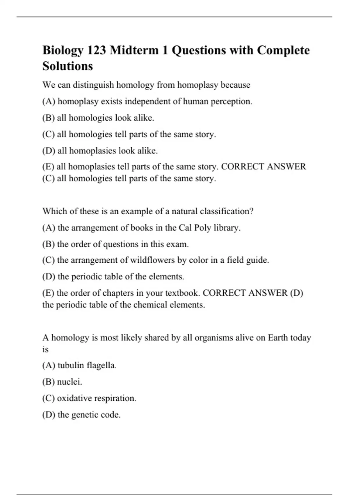 Biology 123 Midterm 1 Questions with Complete Solutions - Biology 121 ...