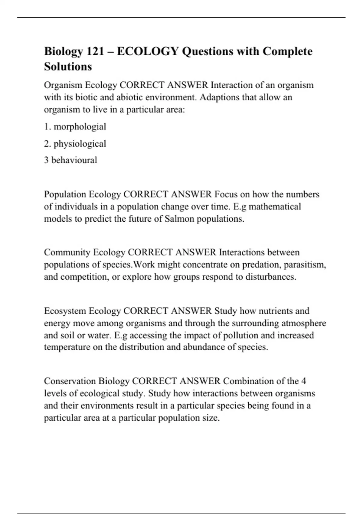 Biology 121 – ECOLOGY Questions with Complete Solutions - Biology 121 ...