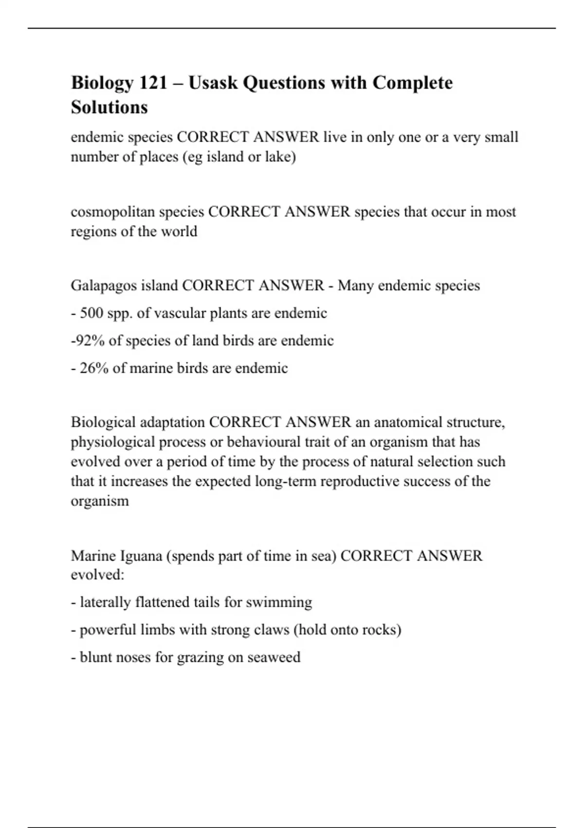 Biology 121 – Usask Questions with Complete Solutions - Biology 121 ...
