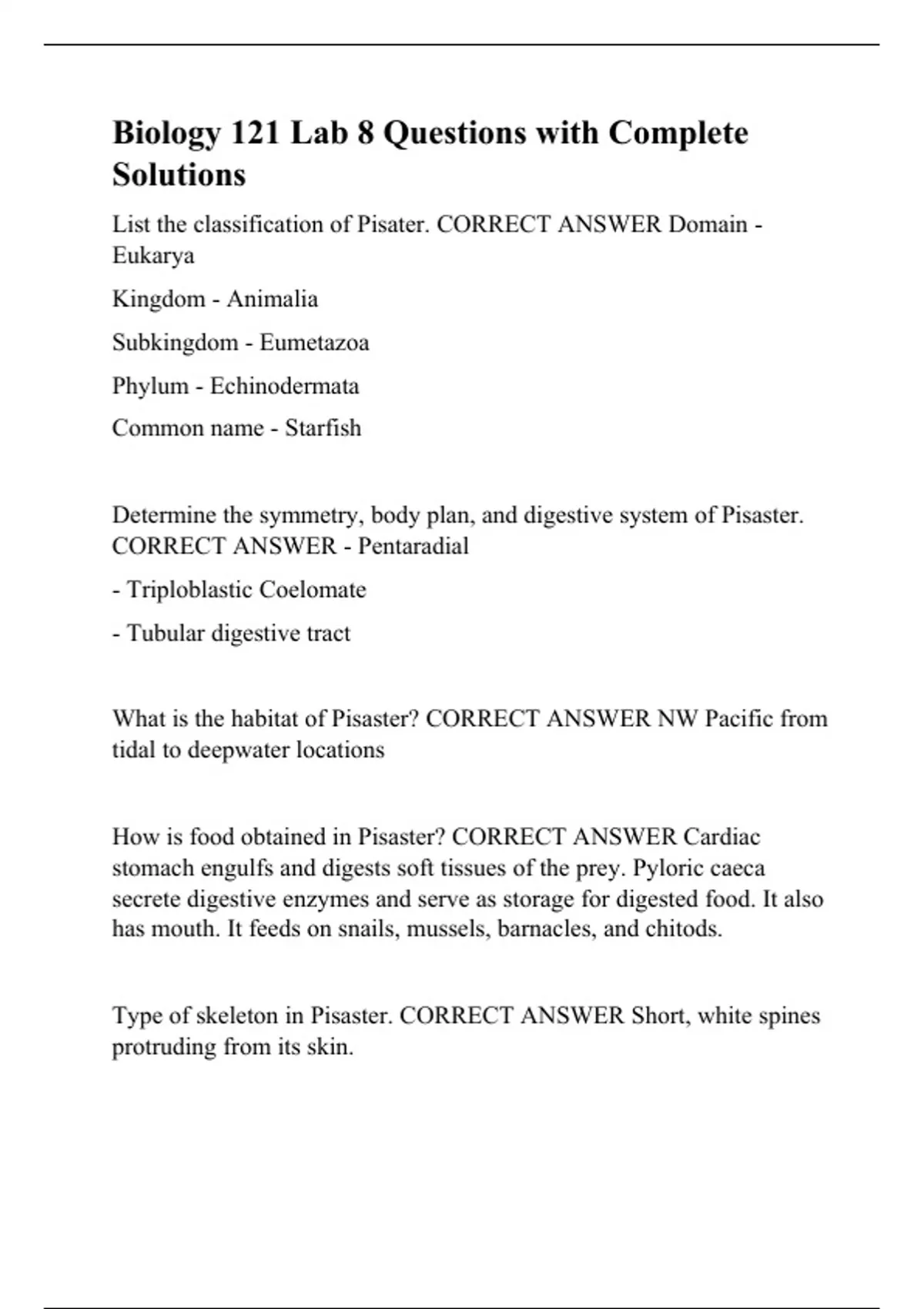 Biology 121 Lab 8 Questions with Complete Solutions - Biology 121 - Stuvia US