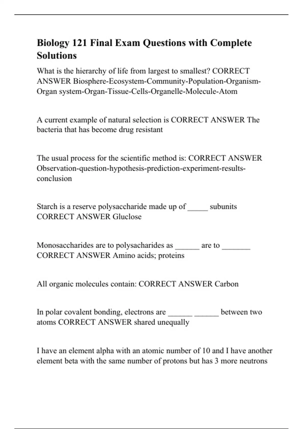 Biology 121 Final Exam Questions with Complete Solutions - Biology 121 ...