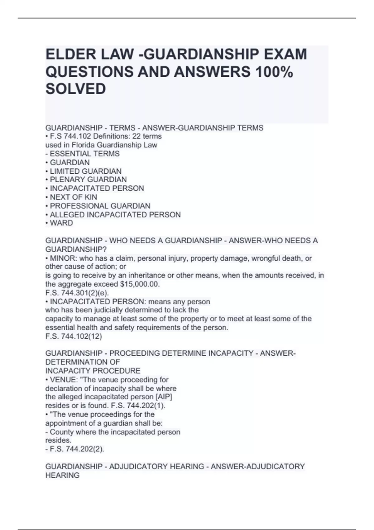 ELDER LAW -GUARDIANSHIP EXAM QUESTIONS AND ANSWERS 100% SOLVED - ELDER ...