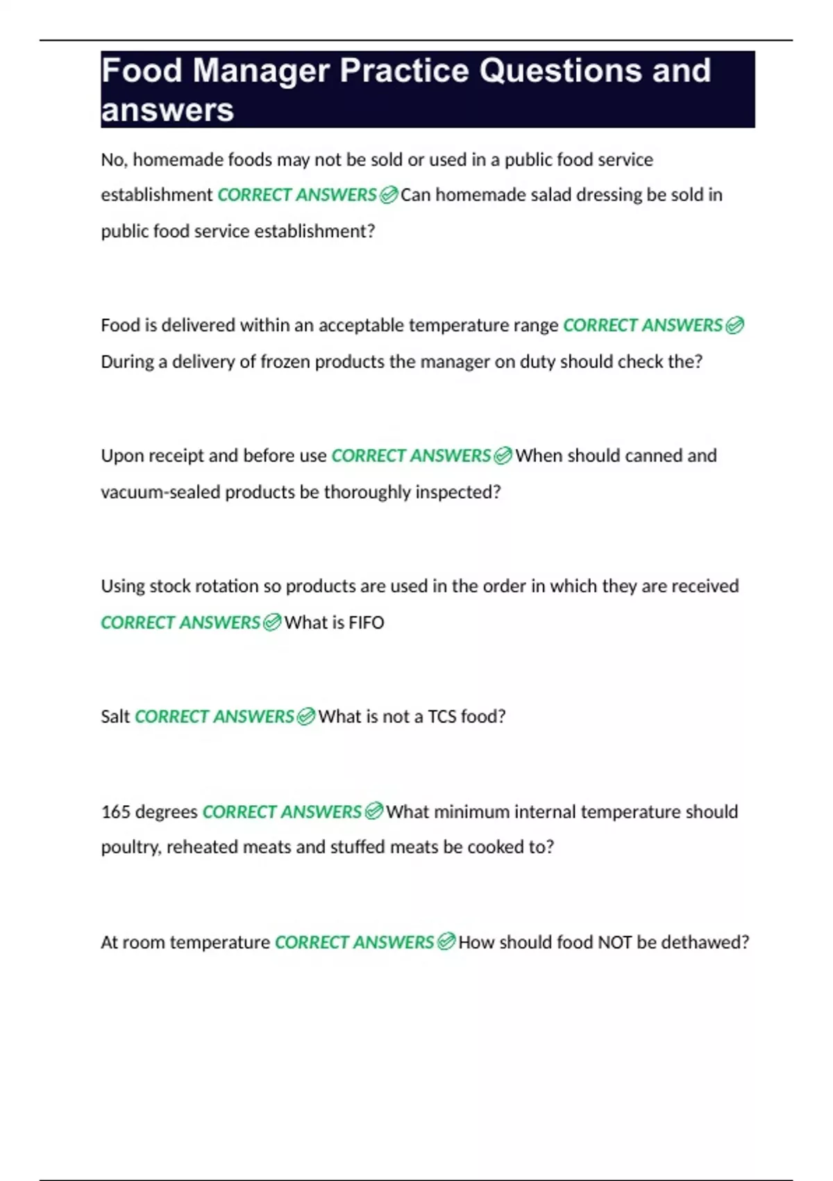 Food Manager Practice Questions and answersFood Manager Practice ...