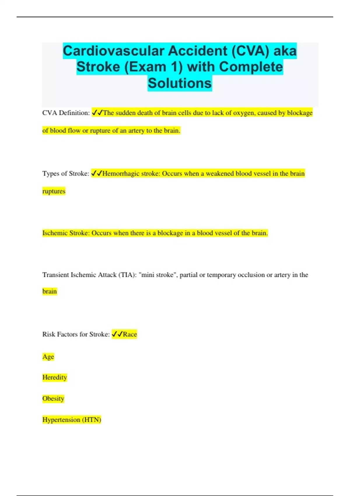 Cardiovascular Accident (CVA) aka Stroke (Exam 1) with Complete ...