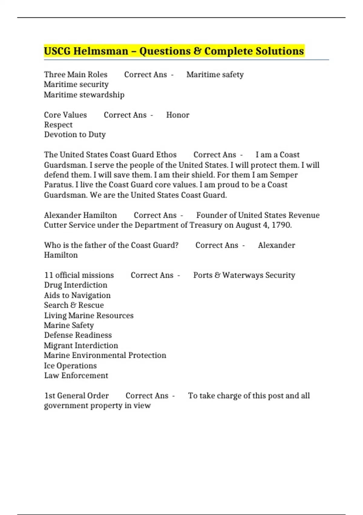 USCG Helmsman – Questions & Complete Solutions - USCG - UNITED STATES ...