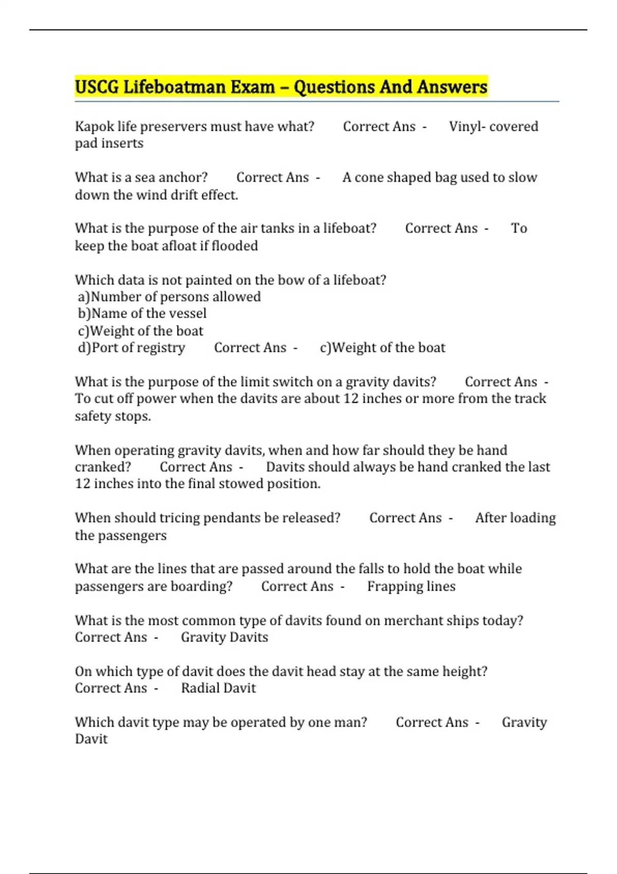 USCG Lifeboatman Exam – Questions And Answers - USCG - UNITED STATES ...