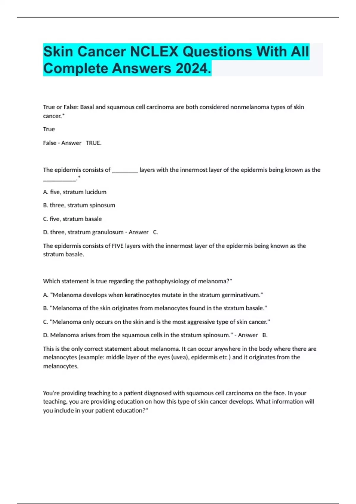 Skin Cancer NCLEX Questions With All Complete Answers 2024. - NCLEX ...