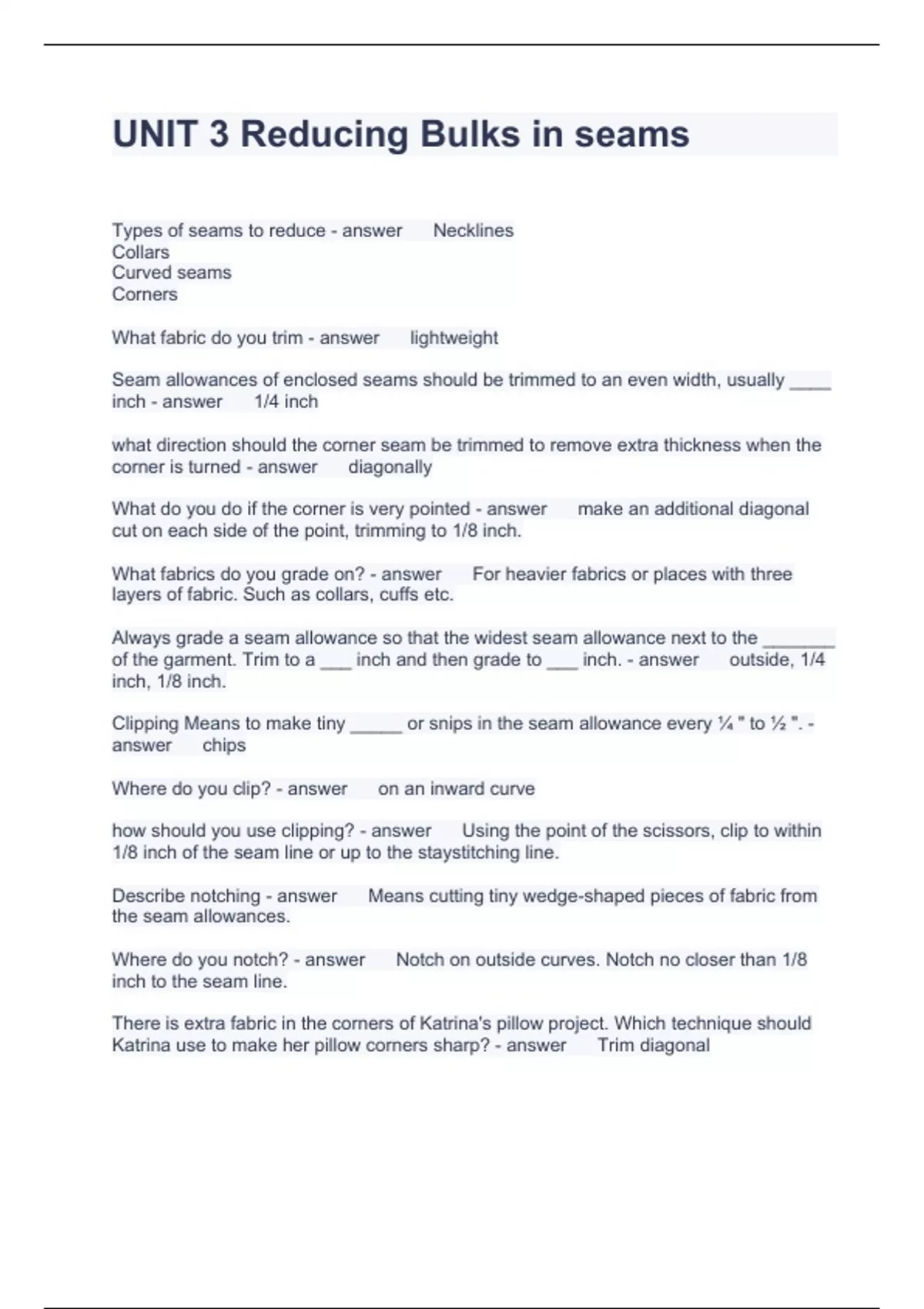UNIT 3 Reducing Bulks in seams questions with correct Answers 2024 ...