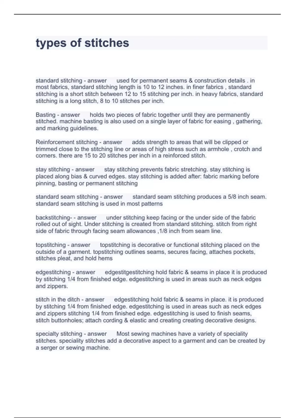 types of stitches questions with correct Answers 2024 - Seams - Stuvia US