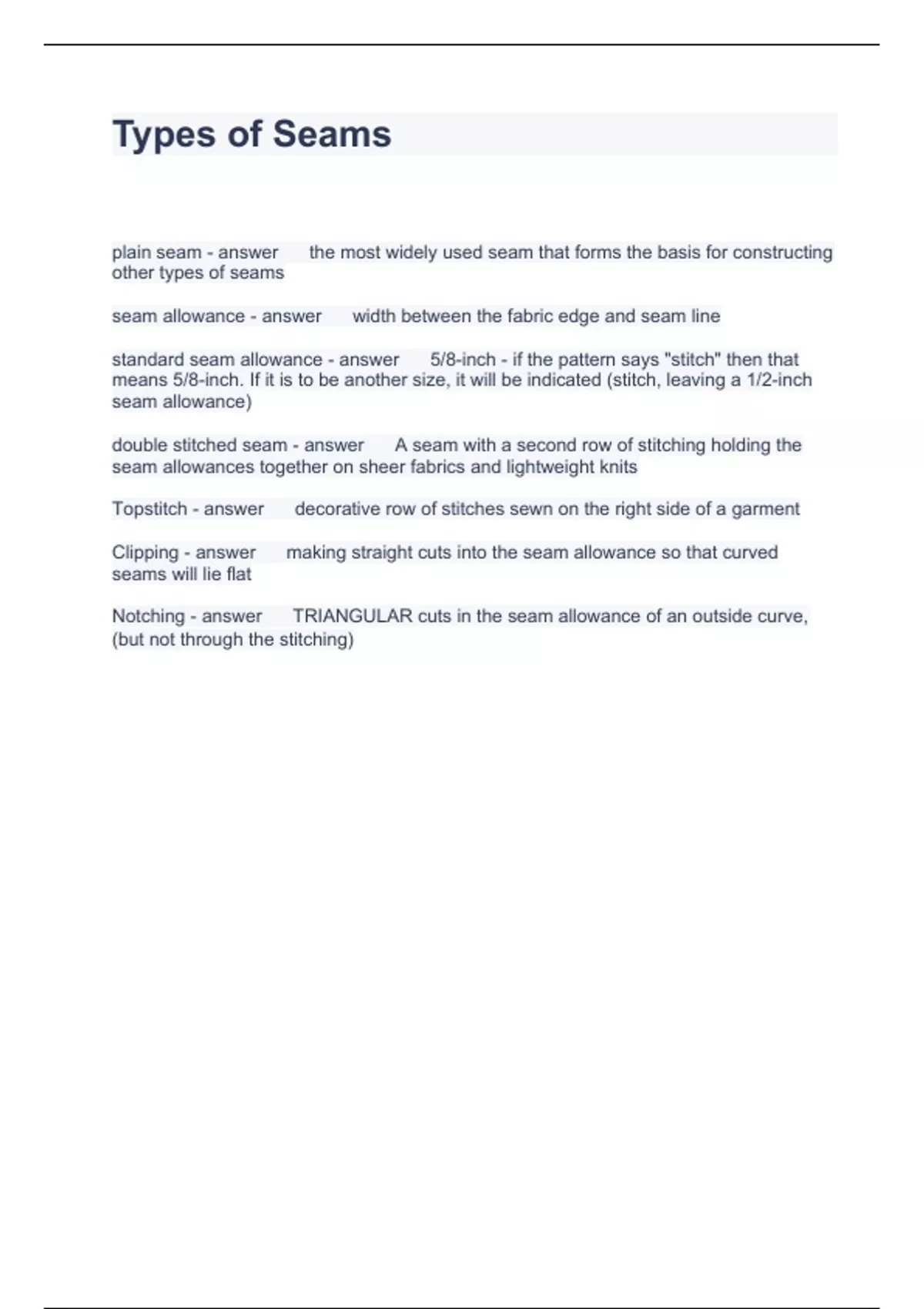 Types of Seams Questions with Correct Answers 2024 - Seams - Stuvia US