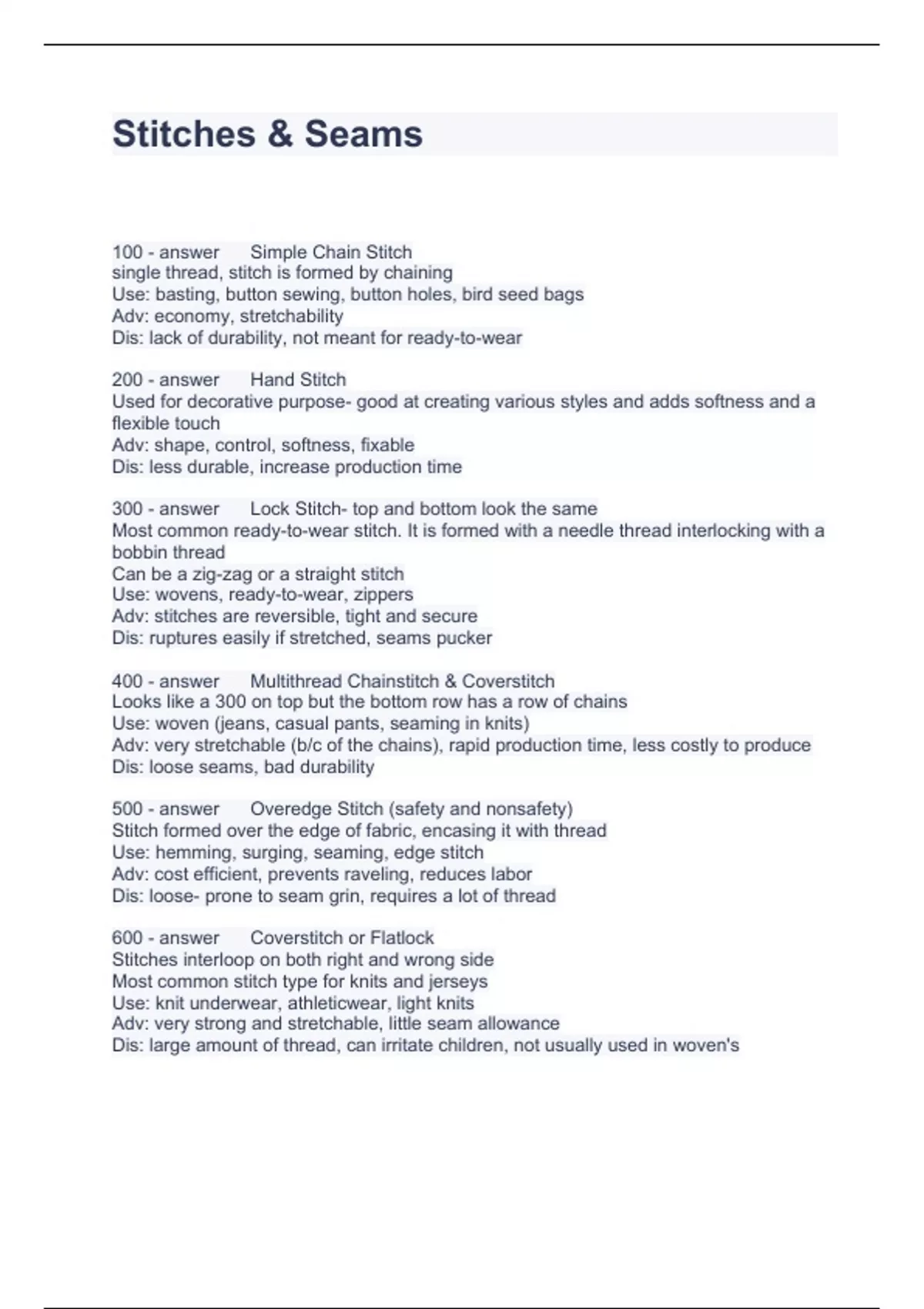 Stitches & Seams Questions with Solutions 2024 - Seams - Stuvia US