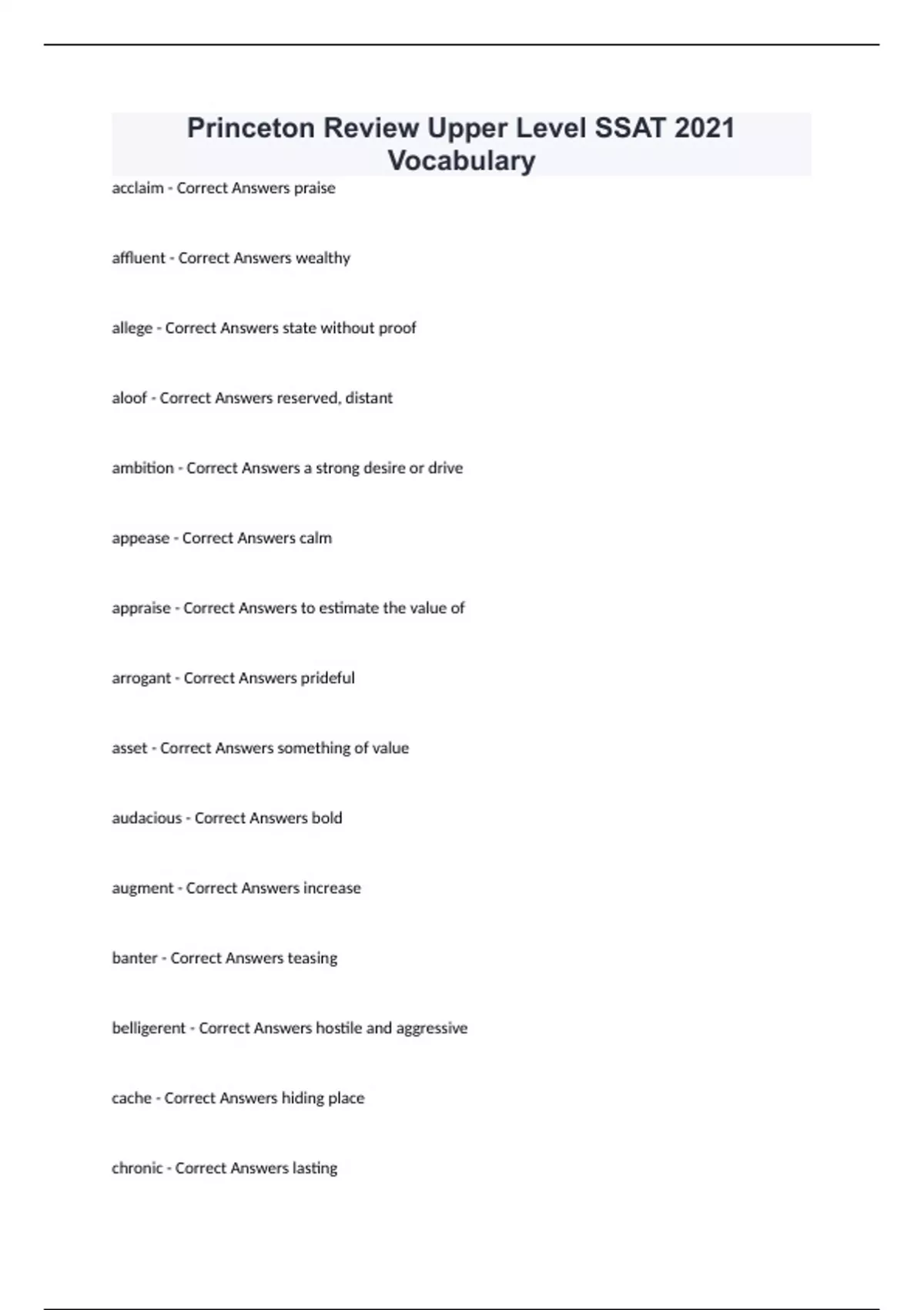 Princeton Review Upper Level SSAT 2021 Vocabulary - SSAT Upper Level - Stuvia US
