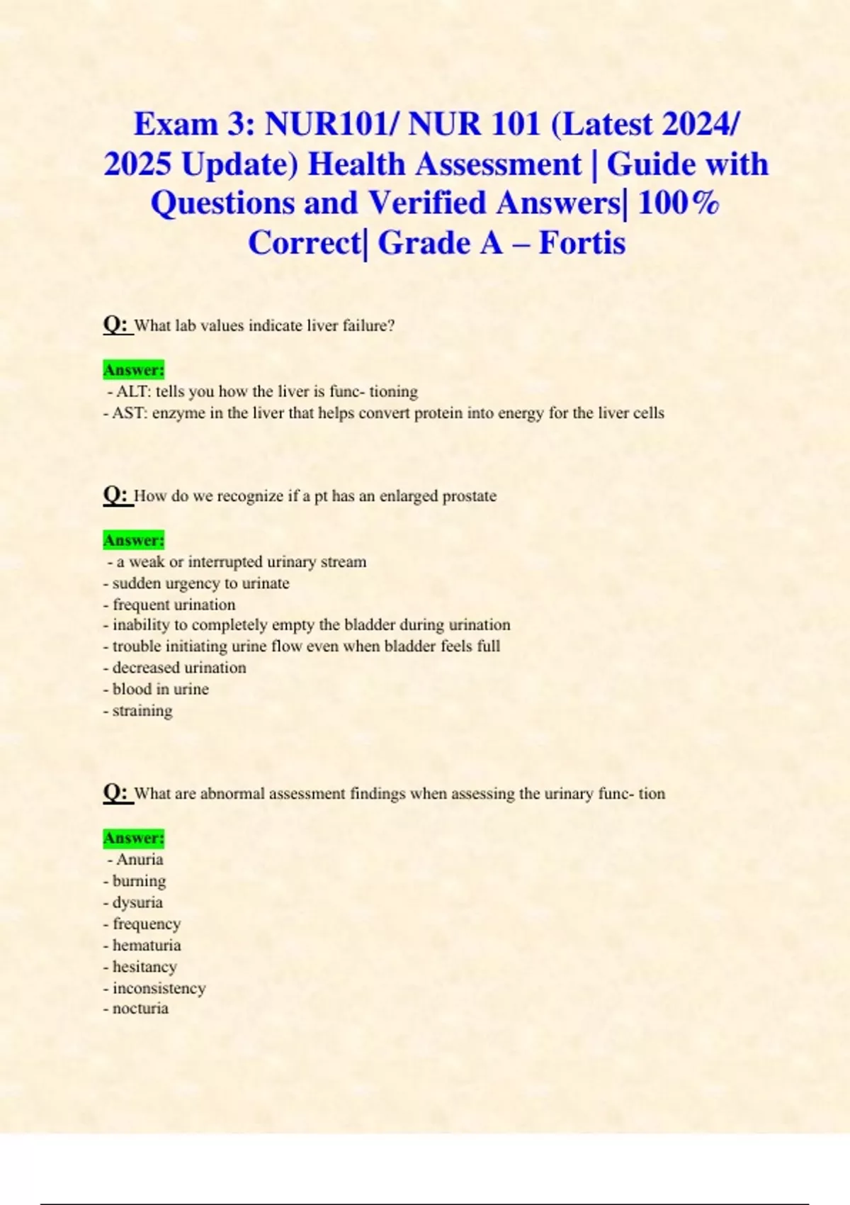 Exam 3: NUR101/ NUR 101 (Latest 2024/ 2025 Update) Health Assessment ...