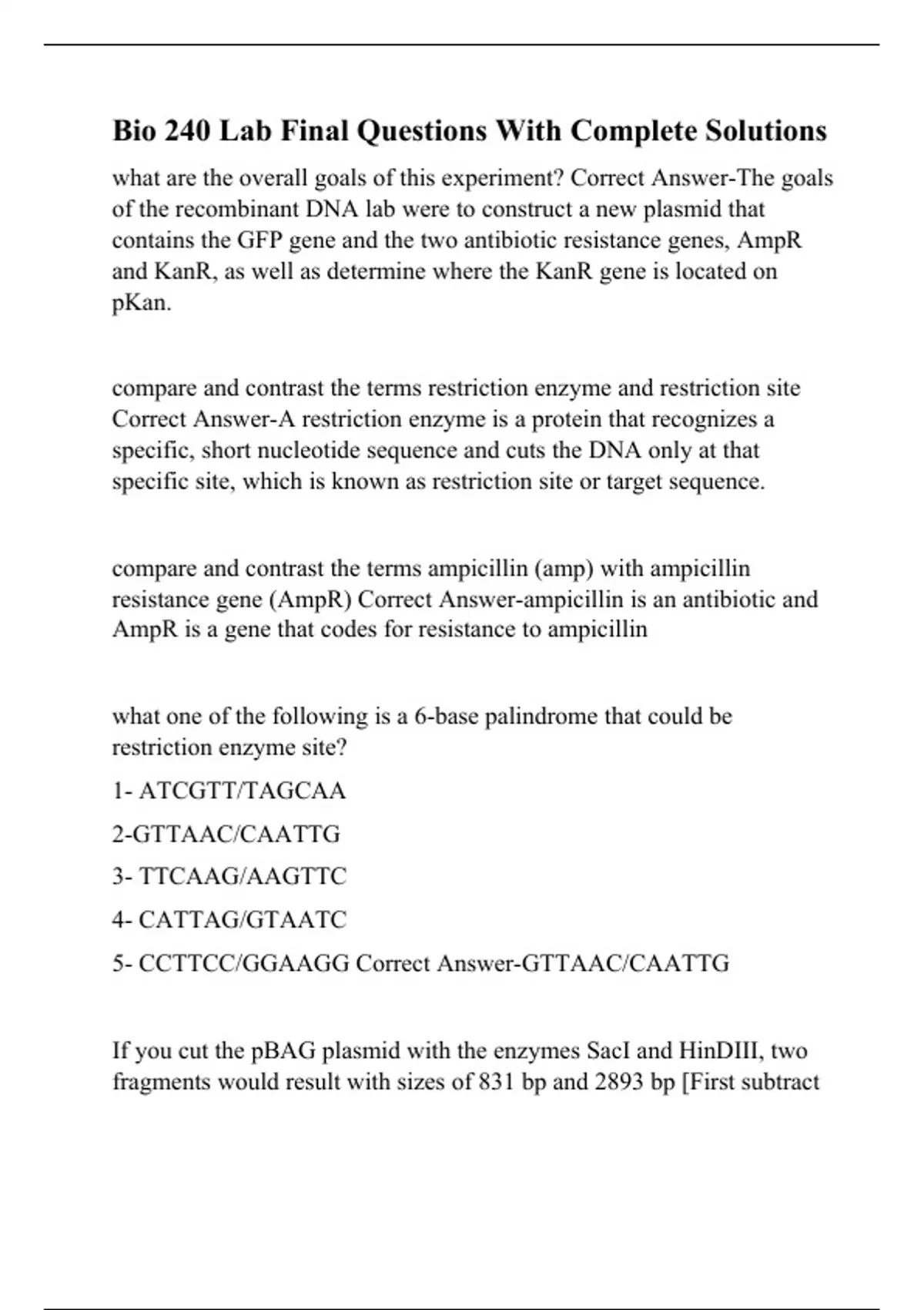 Bio 240 Lab Final Questions With Complete Solutions. - Bio 240 - Stuvia US