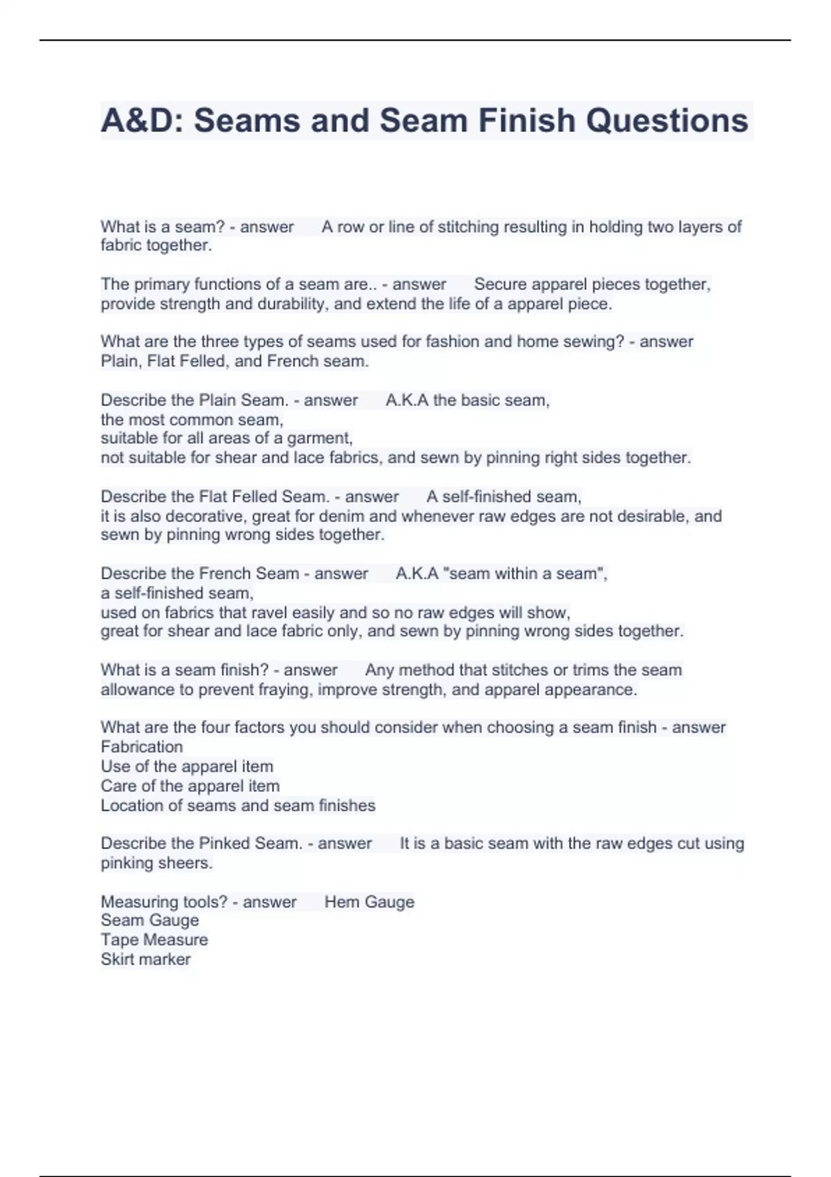 A&D Seams and Seam Finish Questions with Correct Answers 2024 - Seams ...