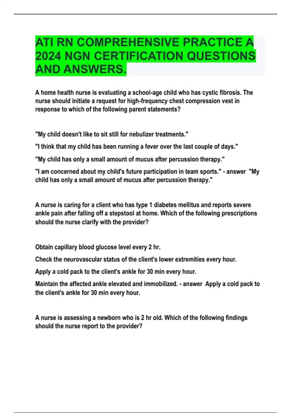 ATI RN COMPREHENSIVE PRACTICE A 2024 NGN CERTIFICATION QUESTIONS AND ...