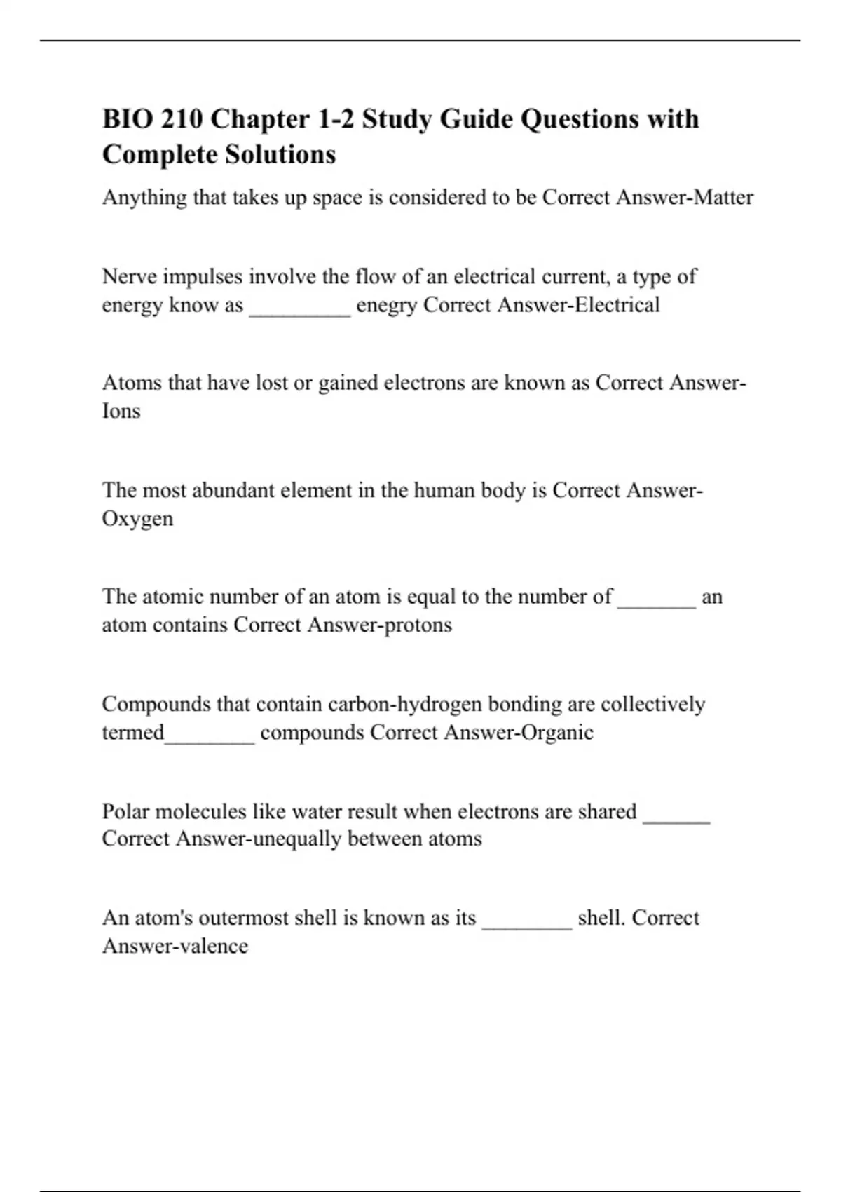 BIO 210 Chapter 1-2 Study Guide Questions with Complete Solutions - BIO ...