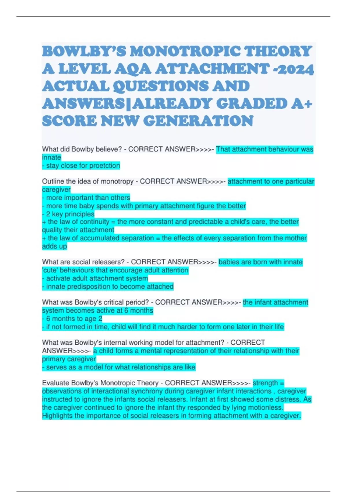 BOWLBY’S MONOTROPIC THEORY A LEVEL AQA ATTACHMENT -2024 ACTUAL QUESTIONS AND ANSWERS|ALREADY ...