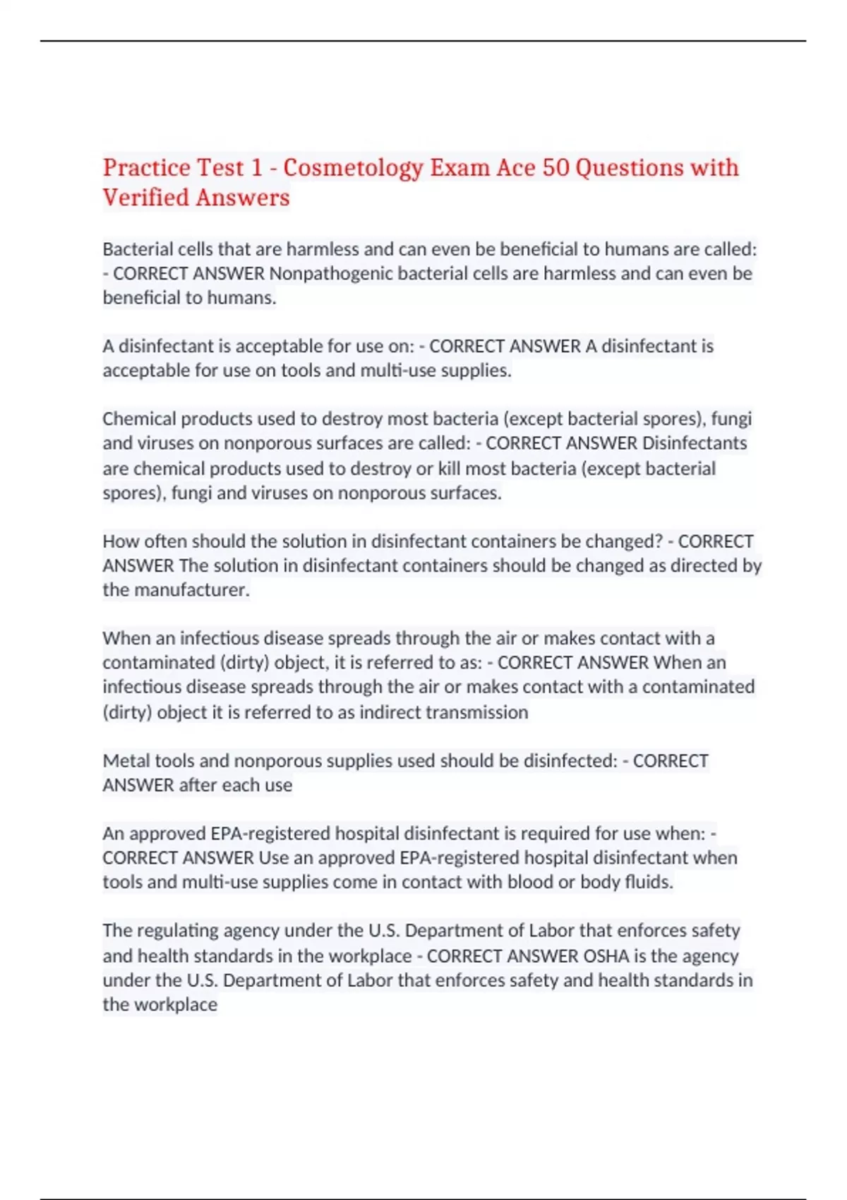 Practice Test 1 - Cosmetology Exam Ace 50 Questions with Verified ...