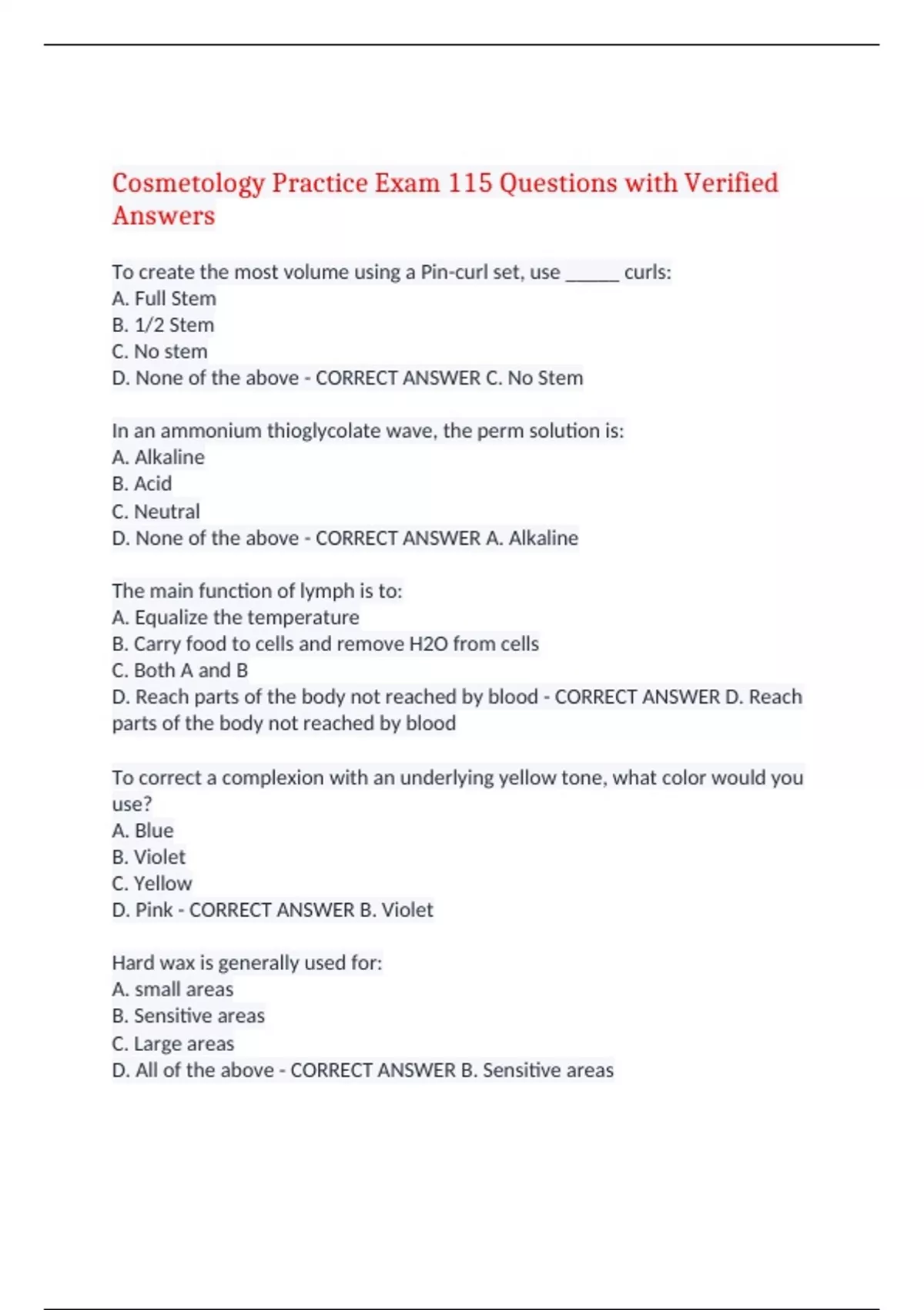 Cosmetology Practice Exam 115 Questions with Verified Answers,100% ...