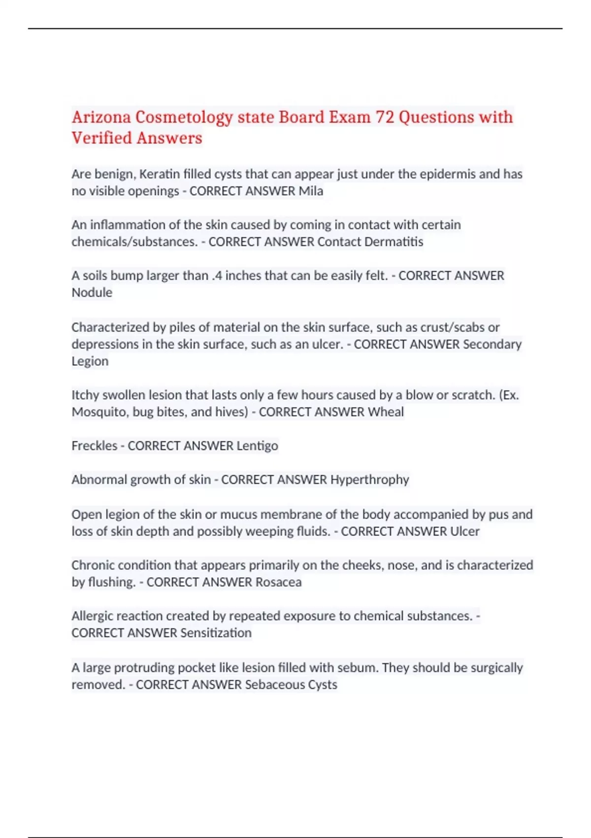 Arizona Cosmetology state Board Exam 72 Questions with Verified Answers ...