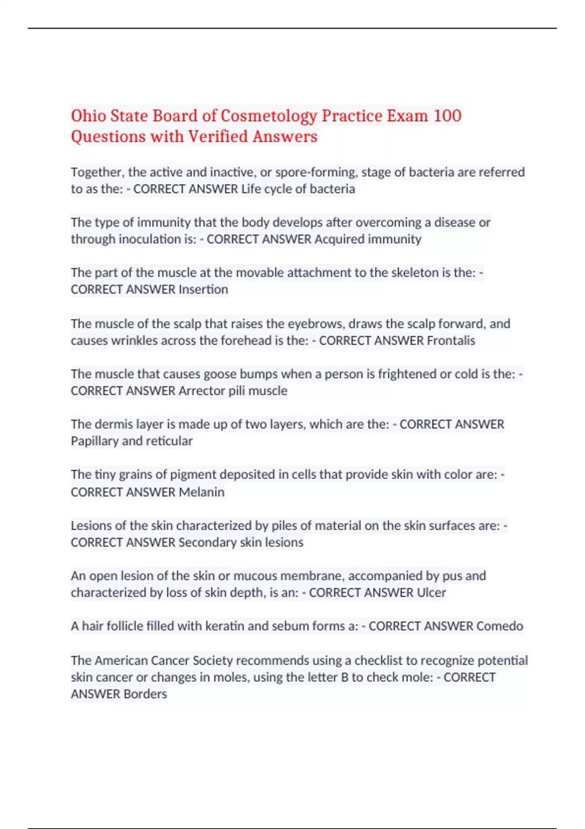 Ohio State Board of Cosmetology Practice Exam 100 Questions with ...