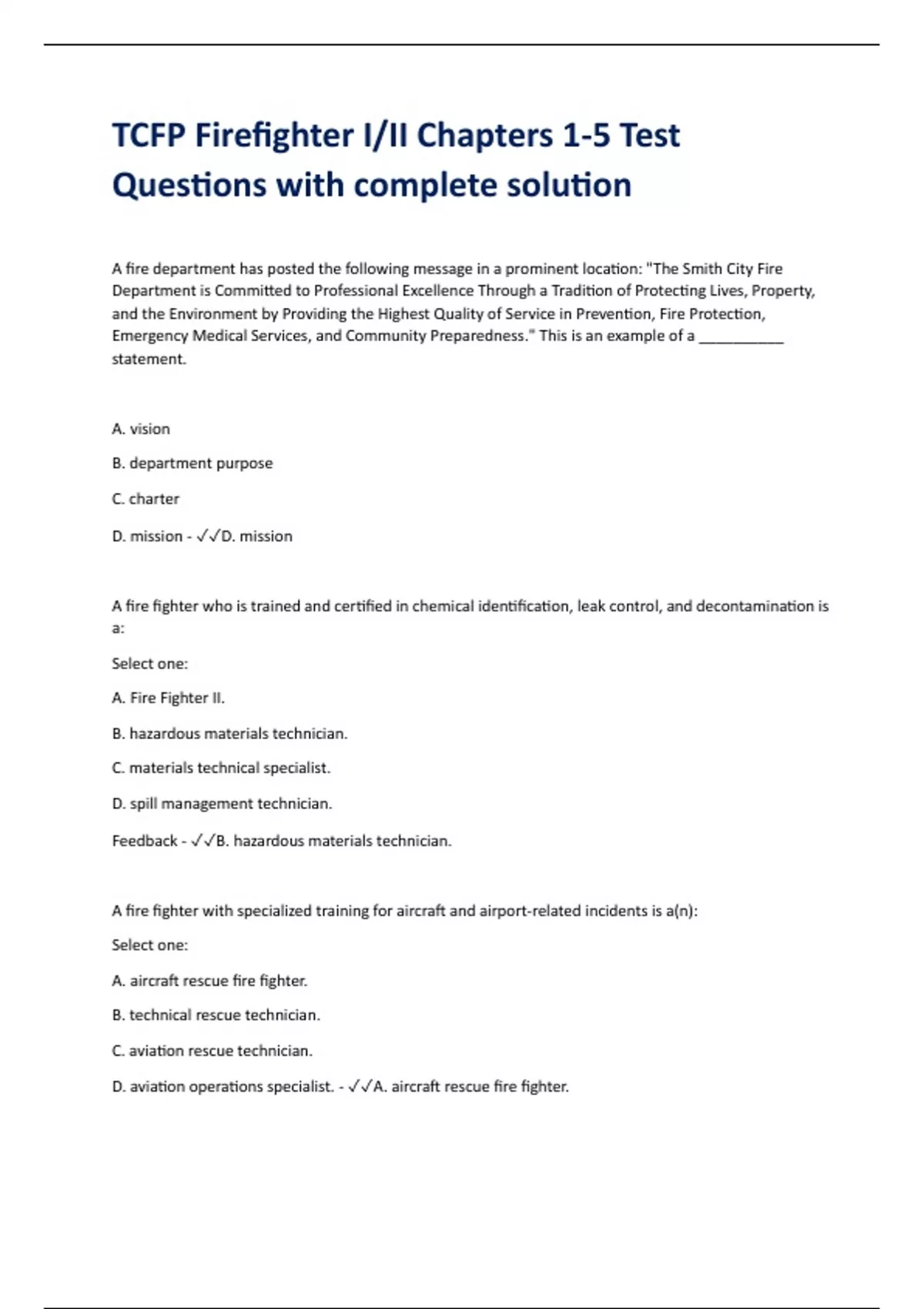 TCFP Firefighter I/II Chapters 1-5 Test Questions with complete ...