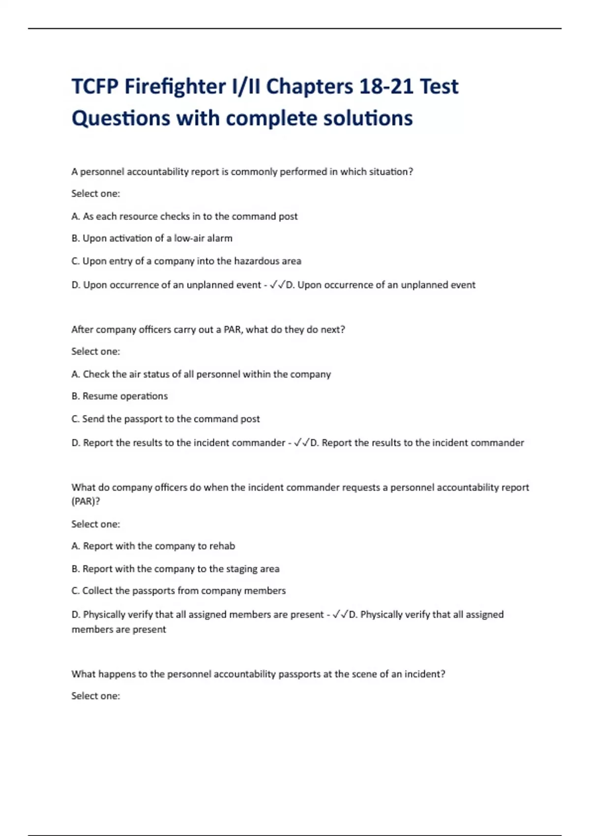 TCFP Firefighter I/II Chapters 18-21 Test Questions with complete ...