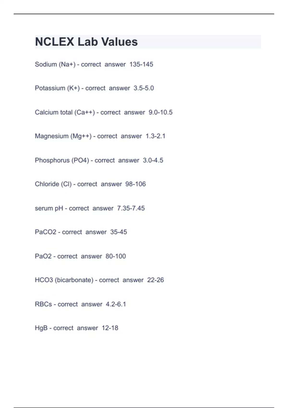 NCLEX Lab Values Lab Values Galen College Of Nursing - Question and answers already passed 2024 ...