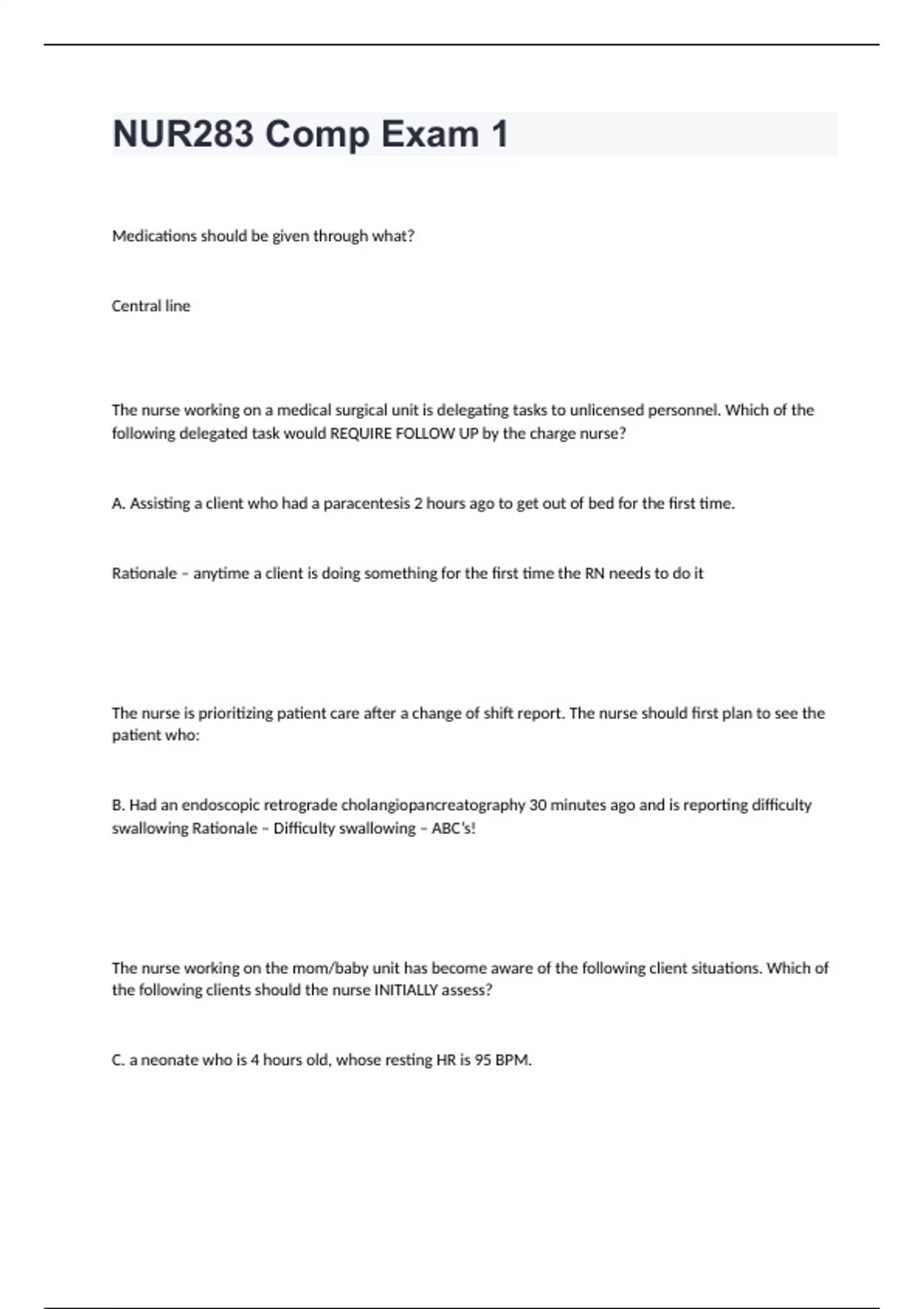 NUR283 Comp Exam 1 fully solved 2024/2025 - NUR 283 - Stuvia US